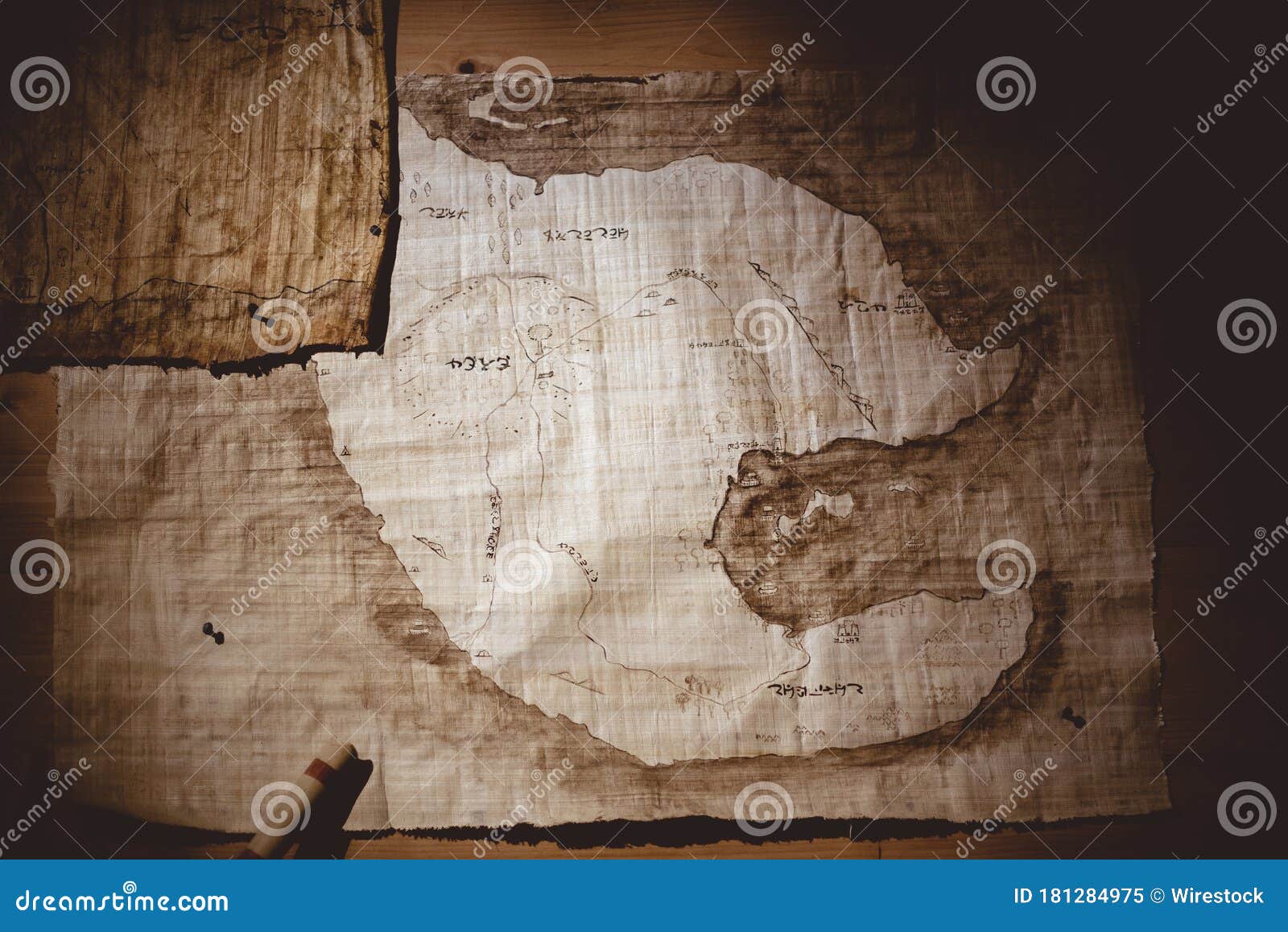 High Angle View of an Ancient Map on the Table Under the Lights Stock ...