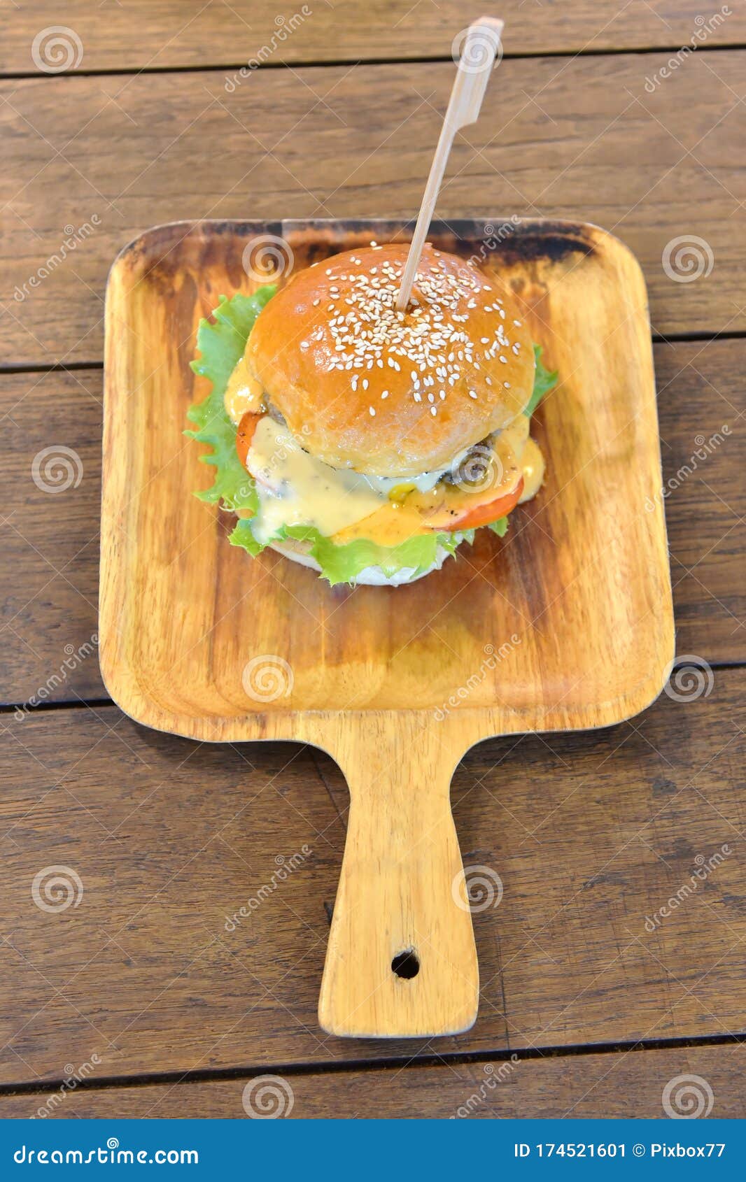High Angle View of Burger on Wooden Tray Stock Image - Image of grilled ...