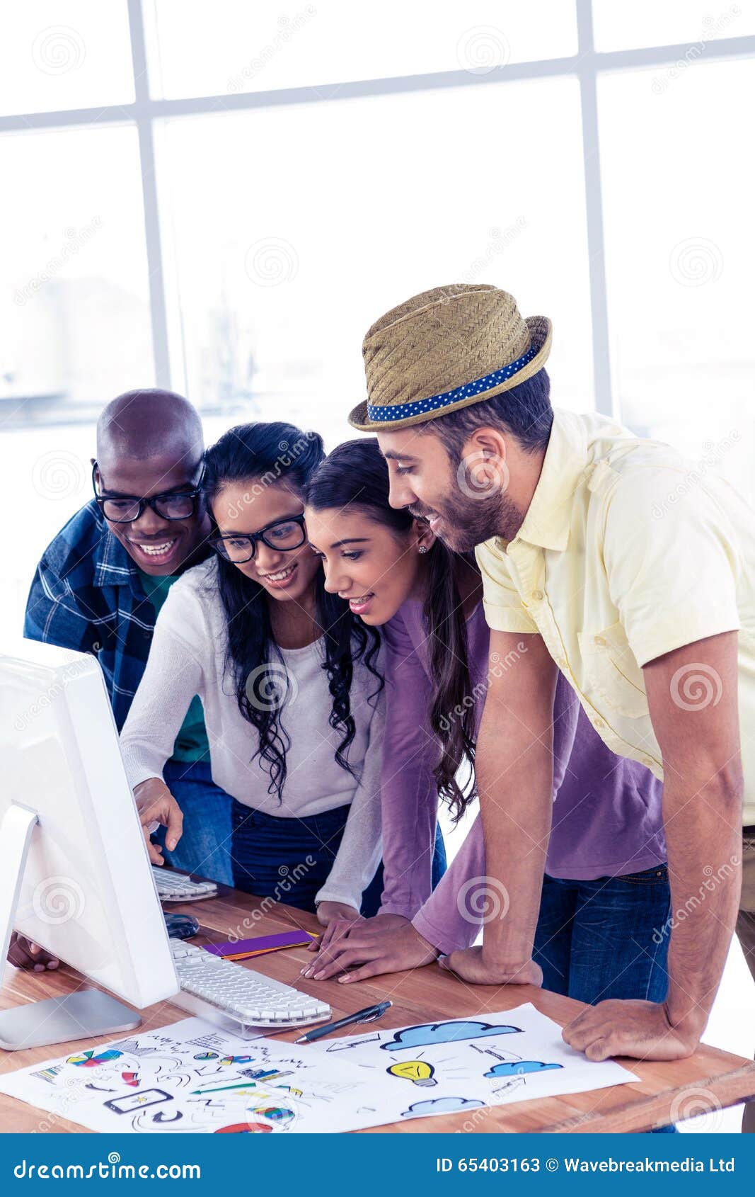 High Angle View of Business People Working Over Computer Stock Image ...