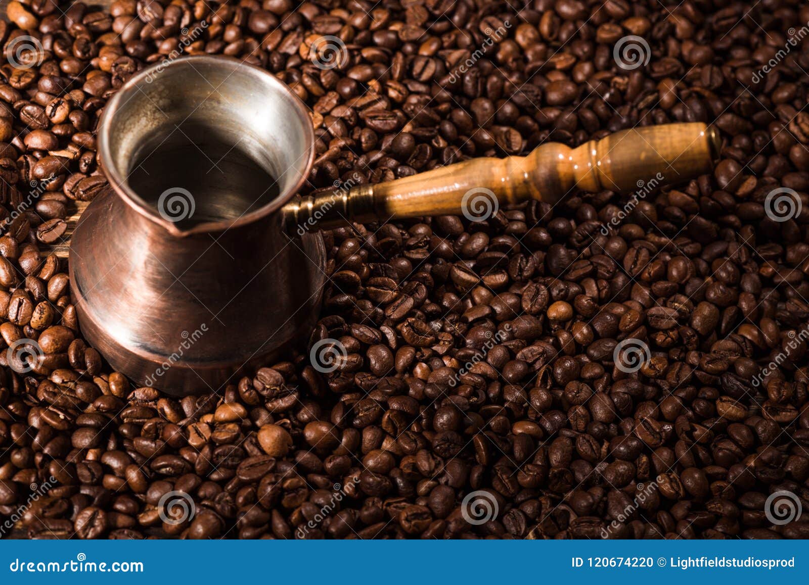 High Angle View of Cezve with Coffee Beans on Rustic Stock Photo ...