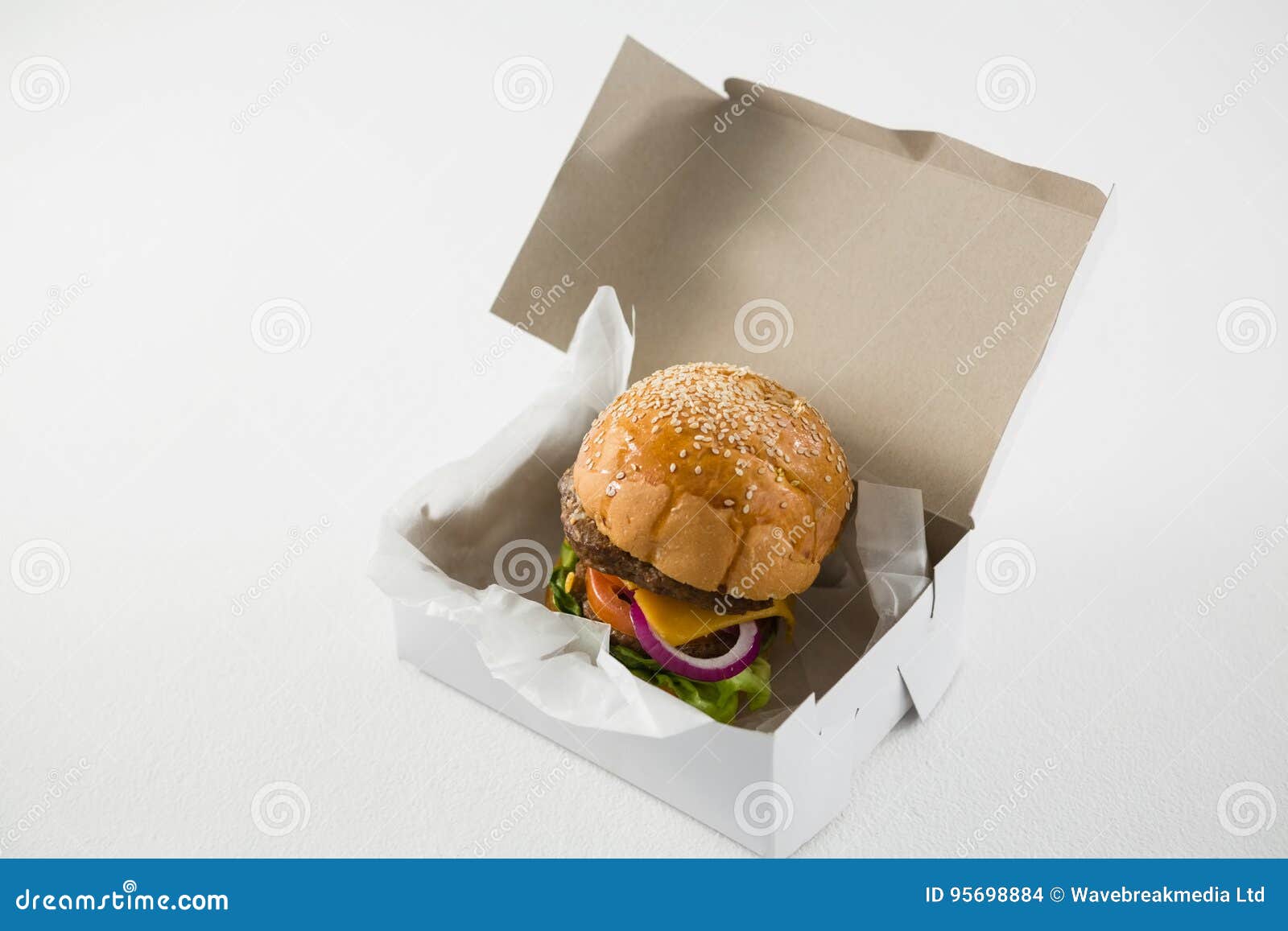 High Angle View of Cheese Burger in Box Stock Photo - Image of serving ...