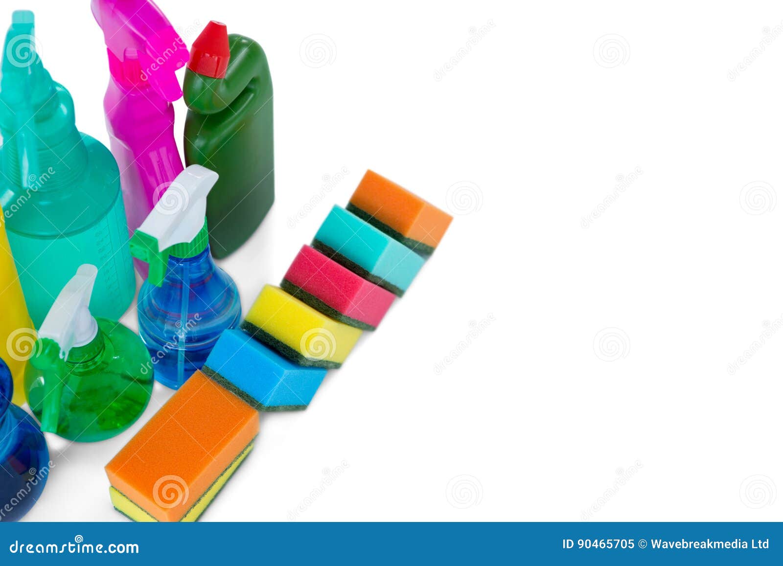 High Angle View Colorful Sponges and Spray Bottles Stock Image - Image ...