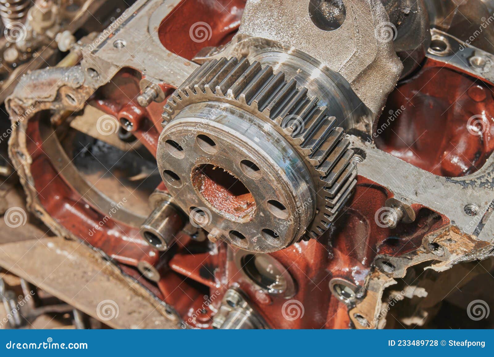 High Angle View of Crankshaft Gear in Front of Car Engine Stock Photo ...