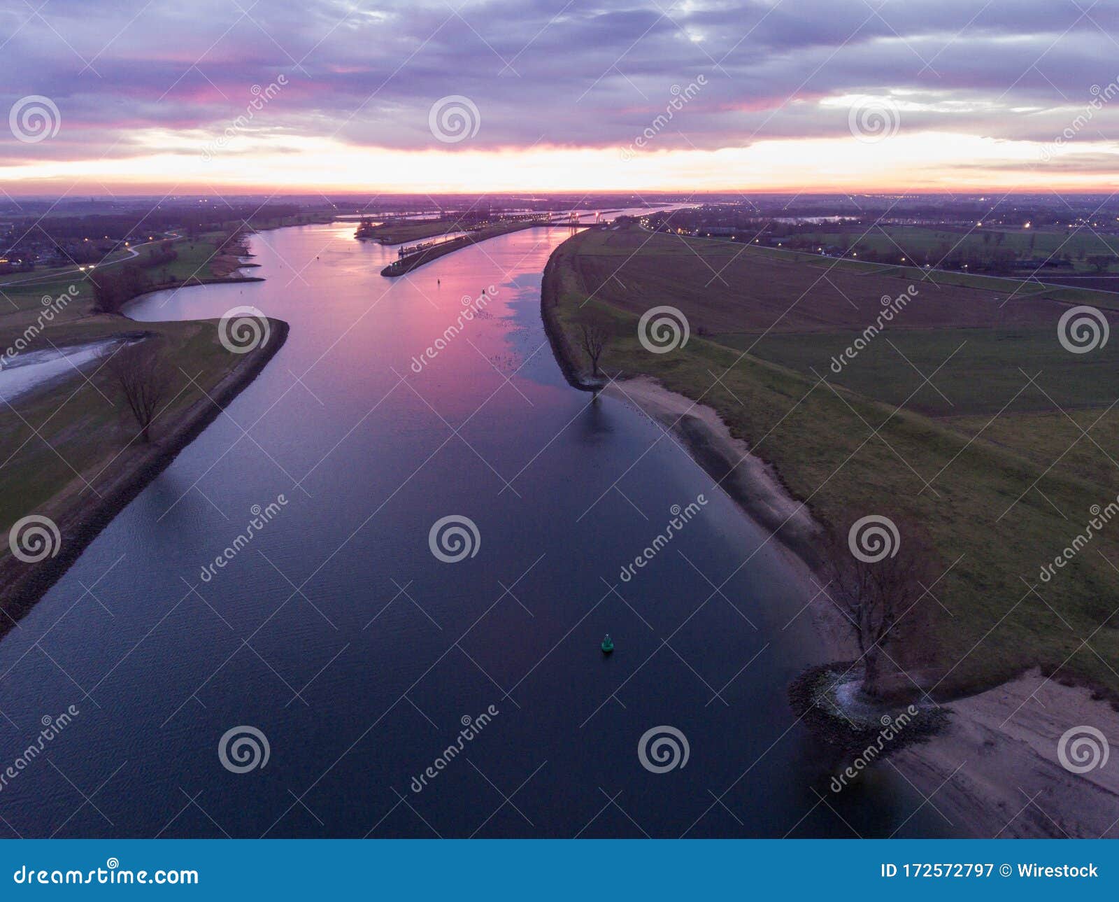 High Angle View of the Dutch River Lek Landscape during Sunrise Stock ...