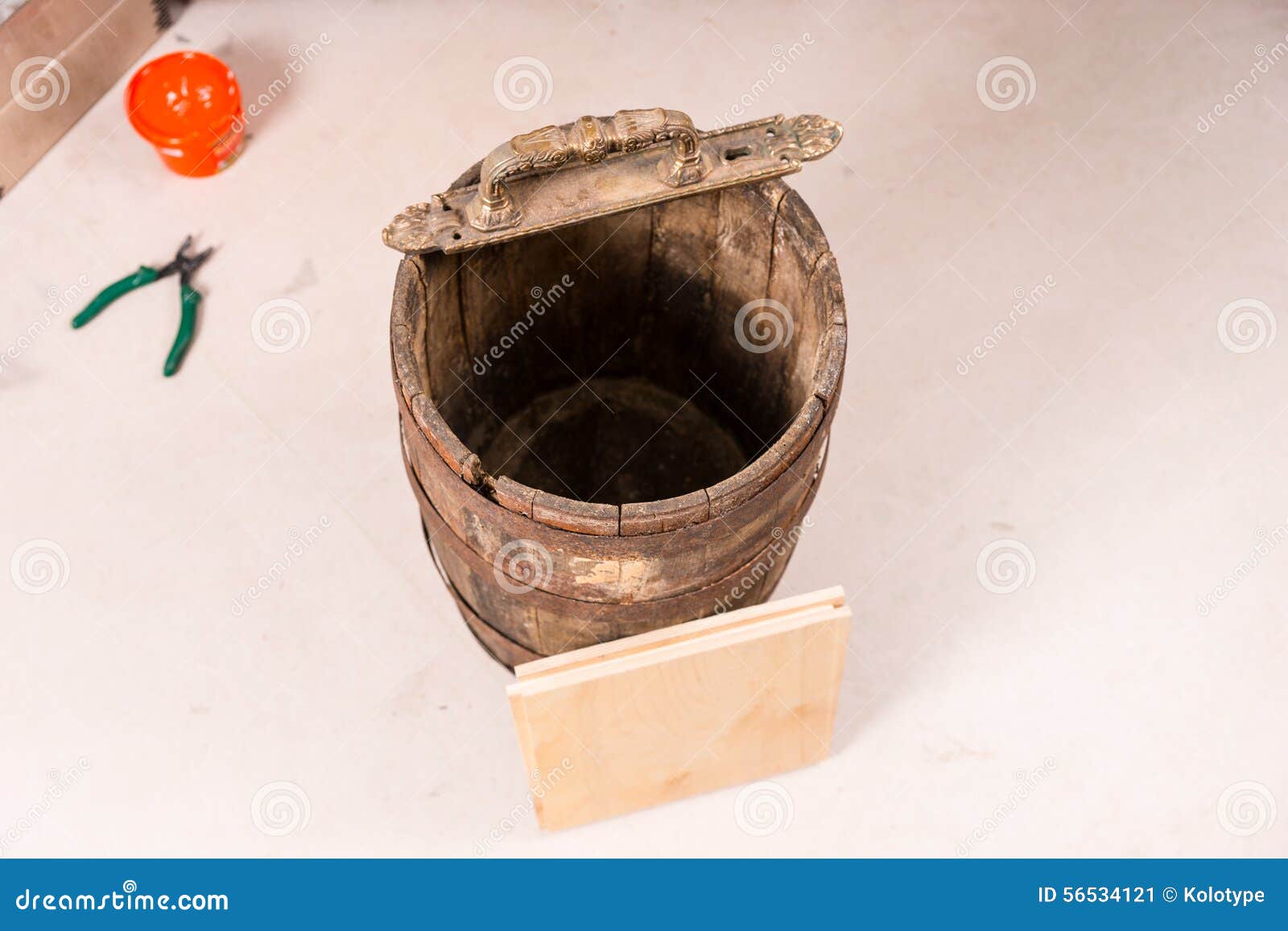 High Angle View of Empty Wooden Barrel and Tools Stock Image - Image of ...