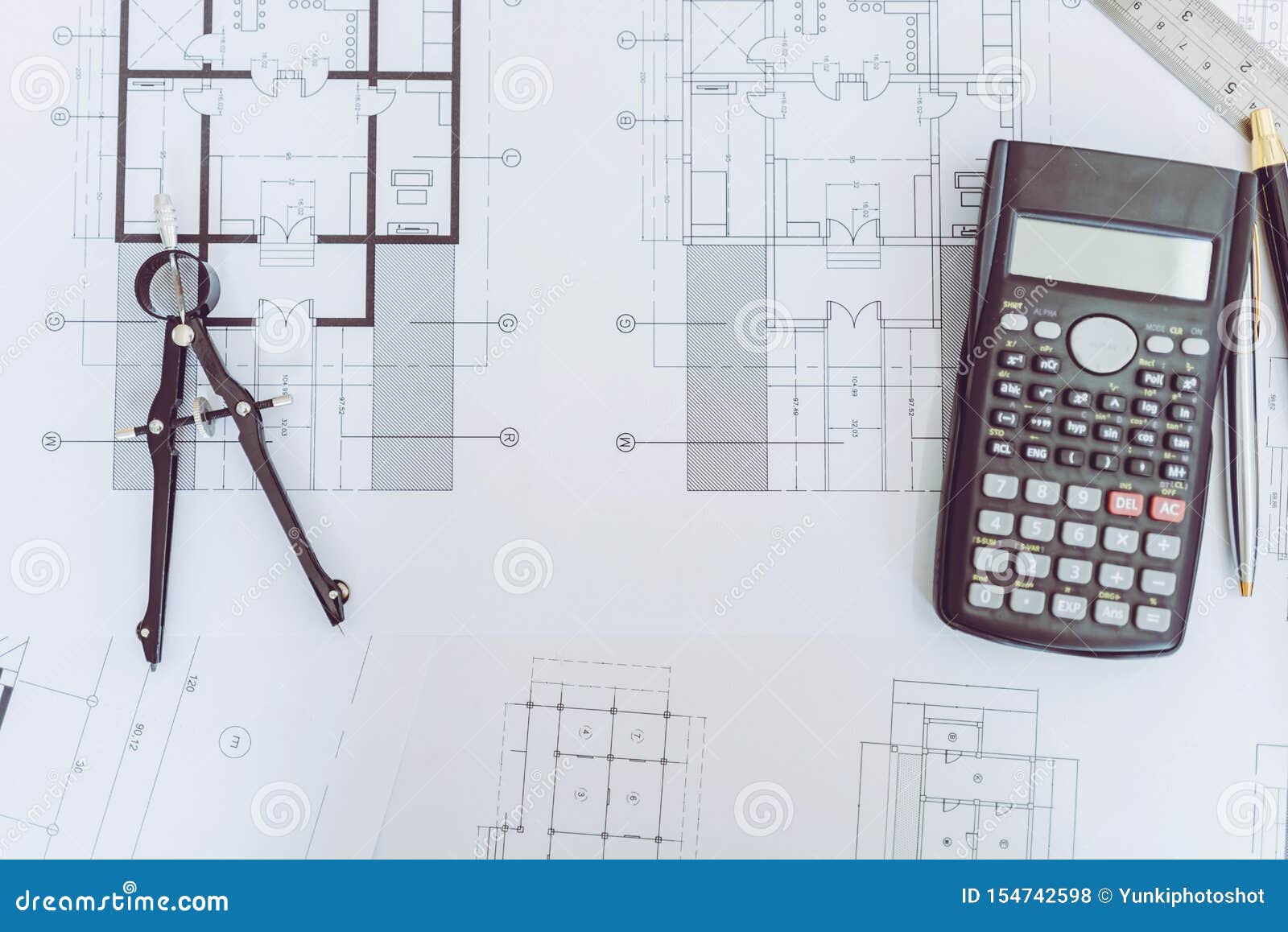 High Angle View of Engineer Architect Plan and Object Stock Photo ...
