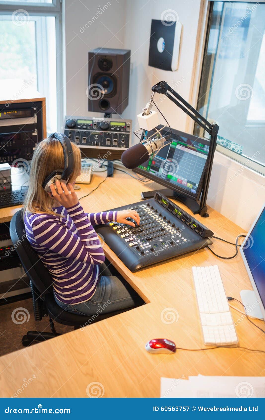 High Angle View of Female Radio Host Operating Sound Mixer Stock Image ...