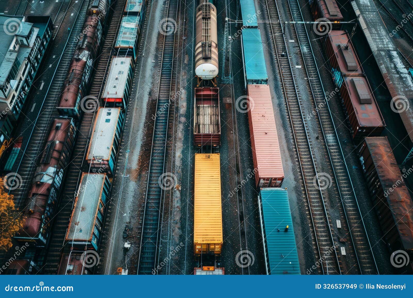 A High-angle View of a Freight Train Passing through a Railway Yard ...