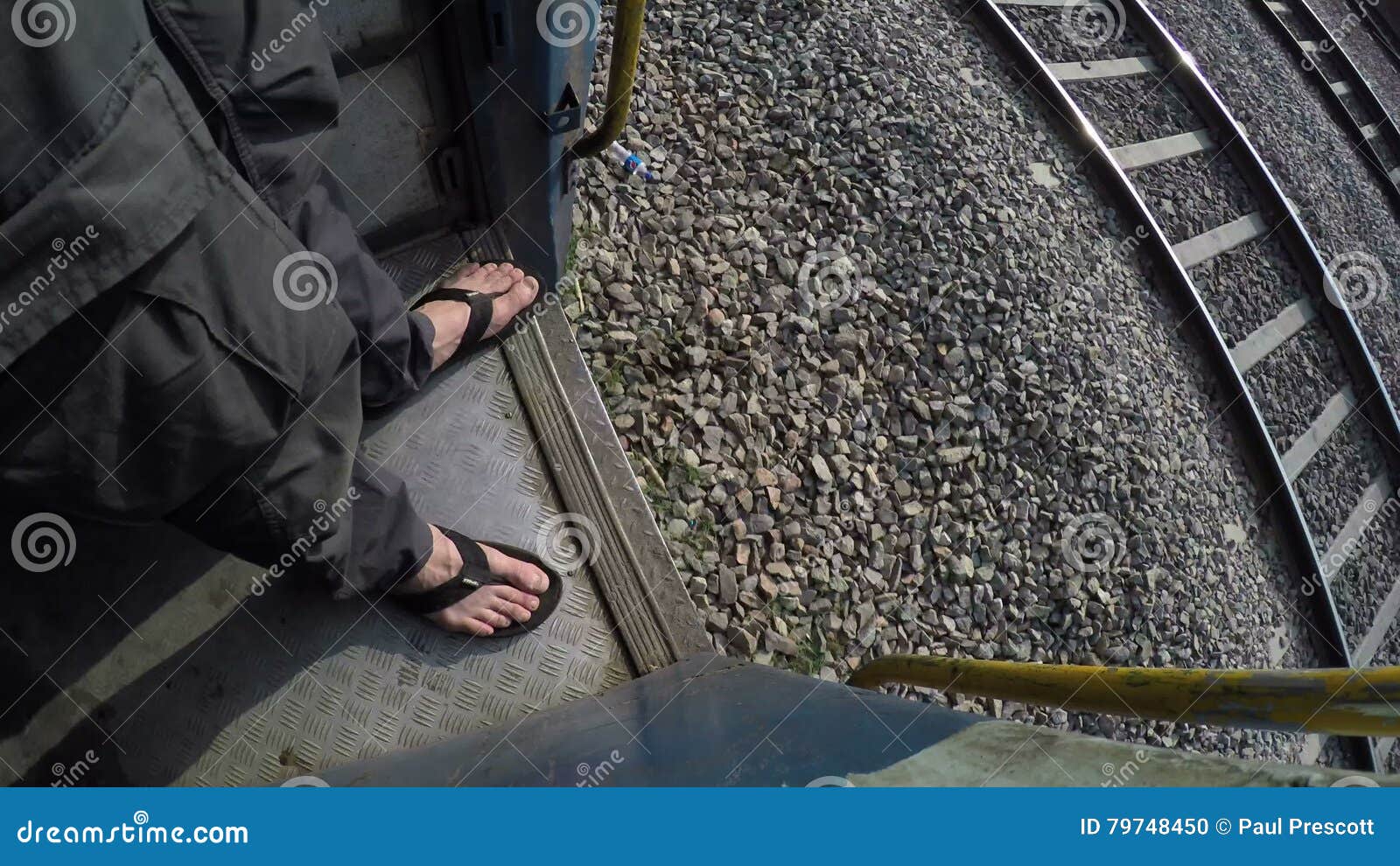 High Angle View of Human Feet by Open Door of Moving Train. Stock ...