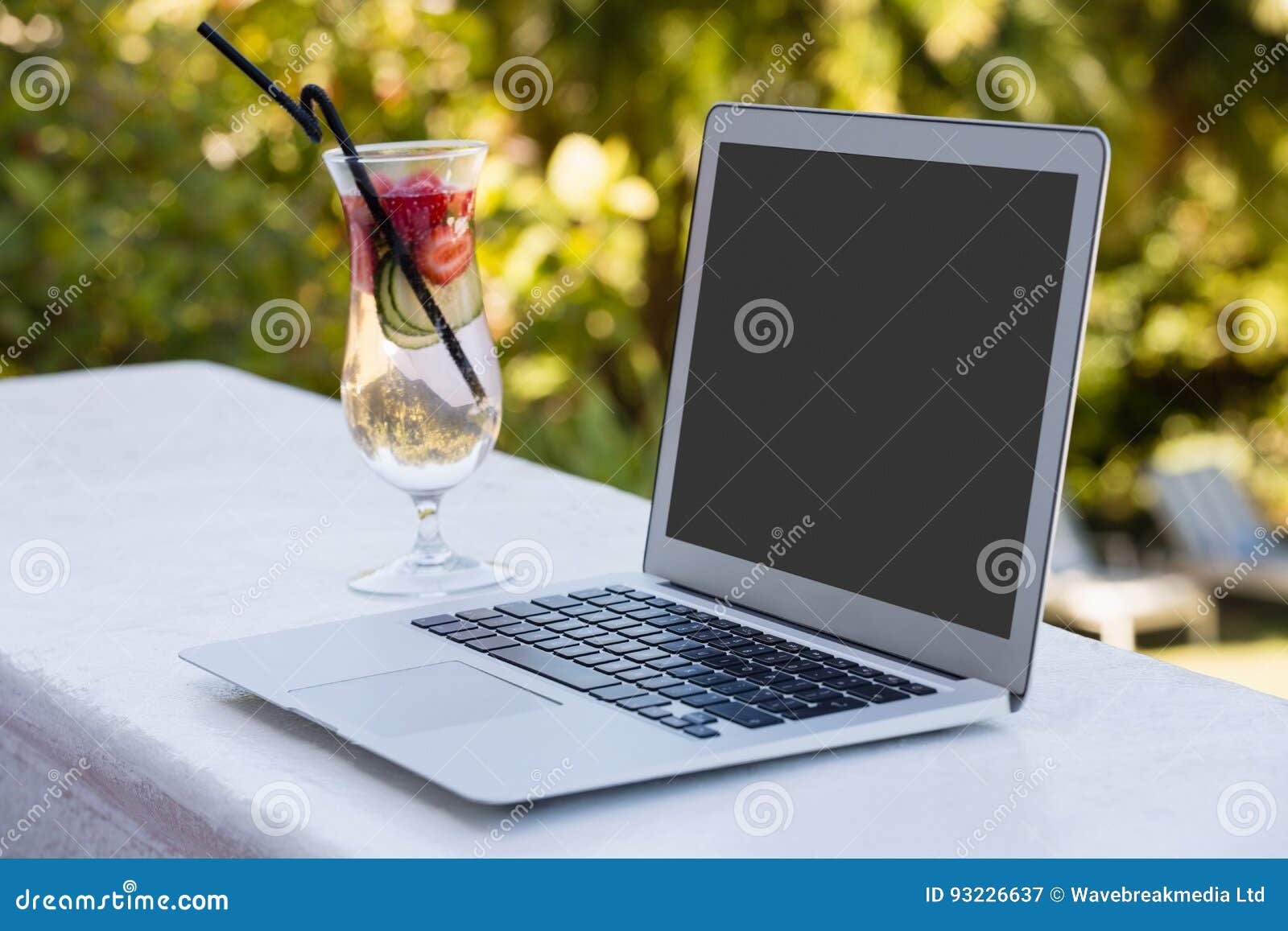 High Angle View of Laptop and Cocktail Drink at Restaurant Stock Image ...