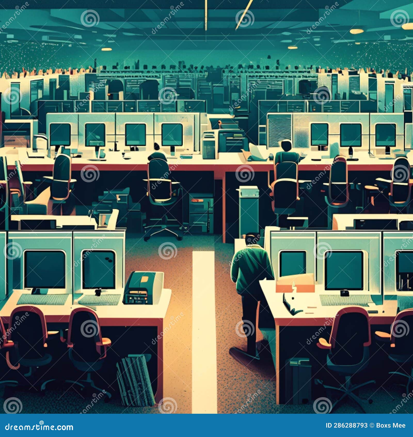 High Angle View of a Large Modern Office with Rows of Computer Desks ...
