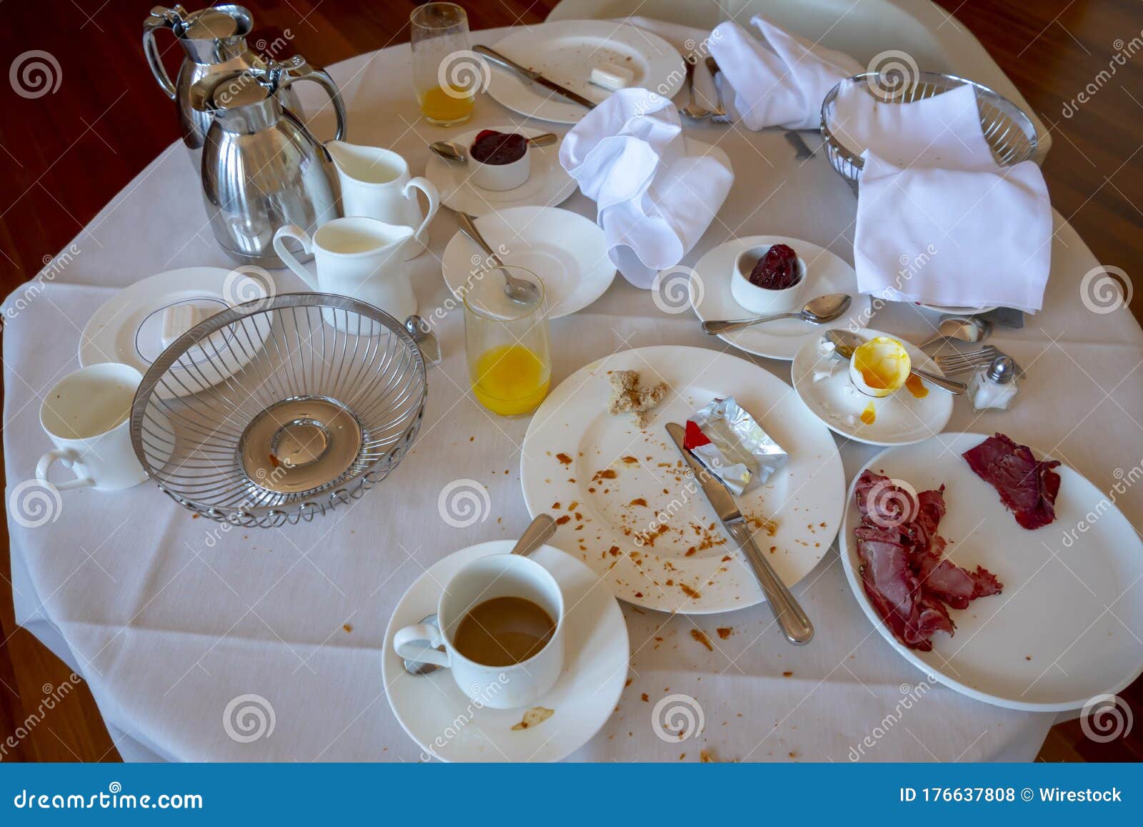 High Angle View of a Messy Table after Breakfast in a Hotel in ...