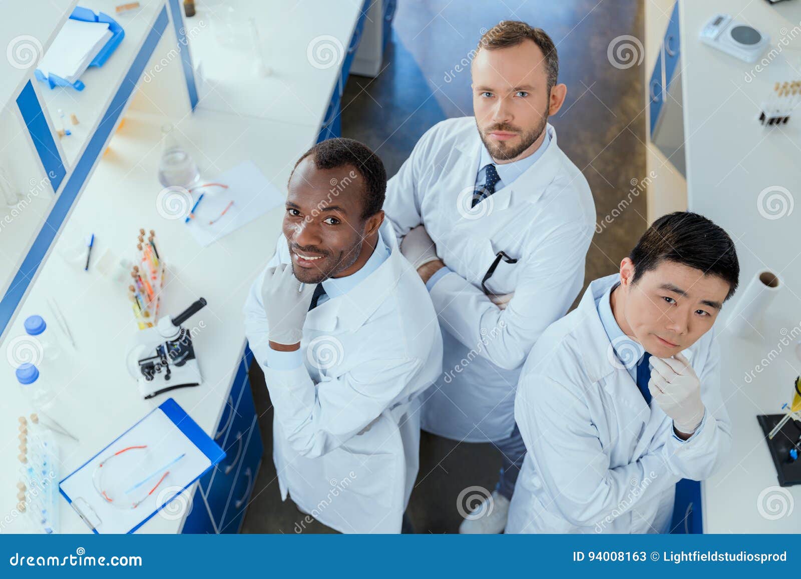 High Angle View of Multiracial Group of Scientists Standing Together ...