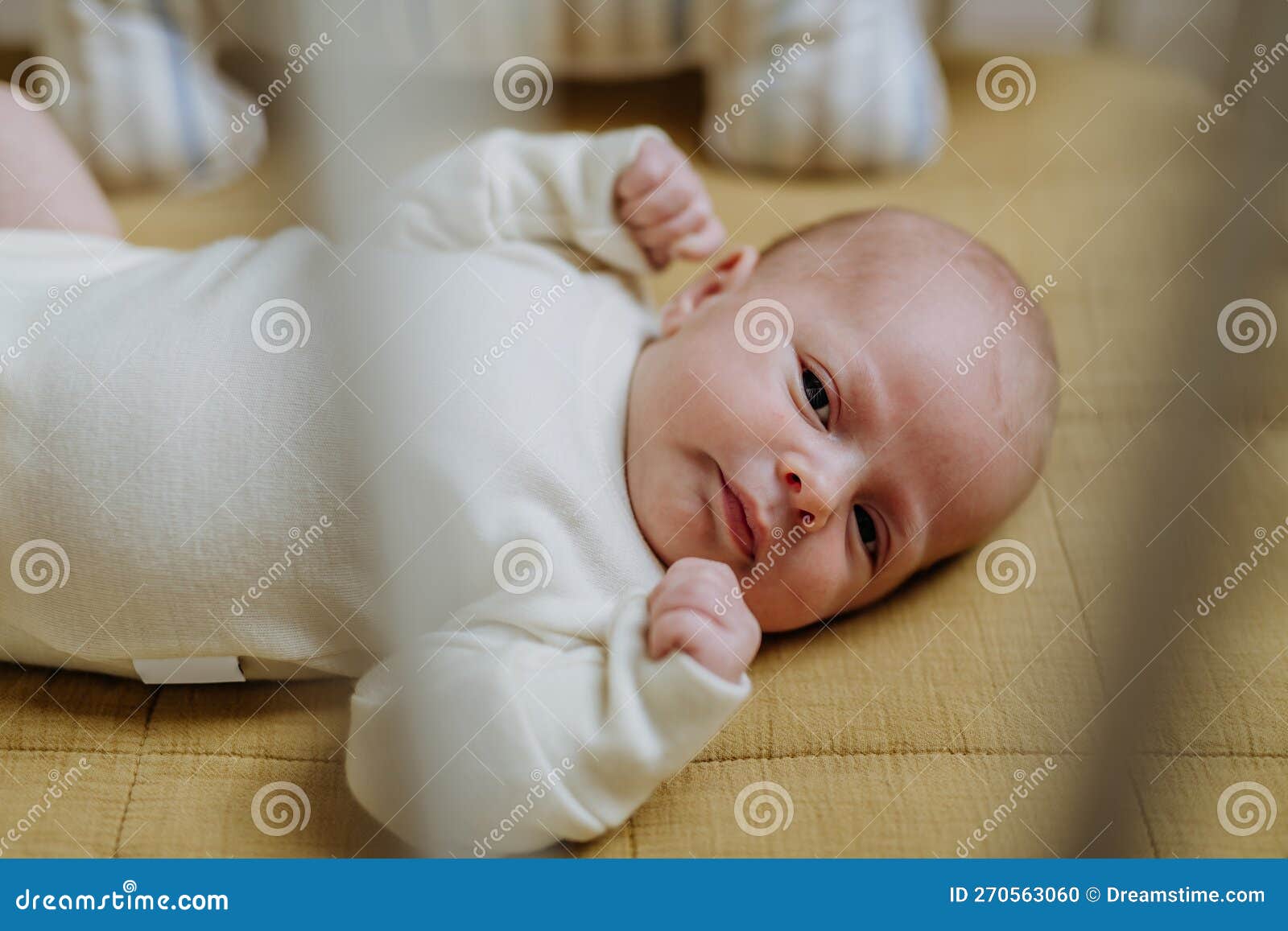 High Angle View of Little Baby in Little Bed. Stock Photo - Image of ...