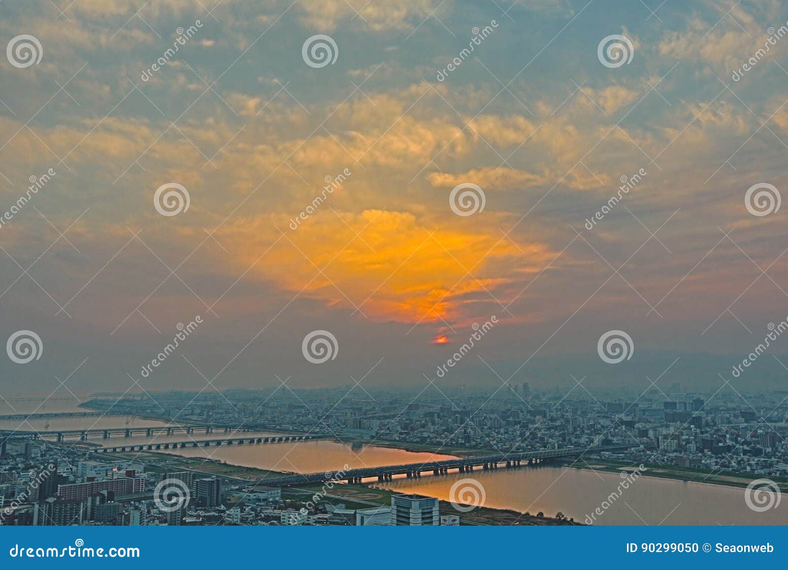 High Angle View of Osaka City with Yodo River at Sunset Time. Stock ...