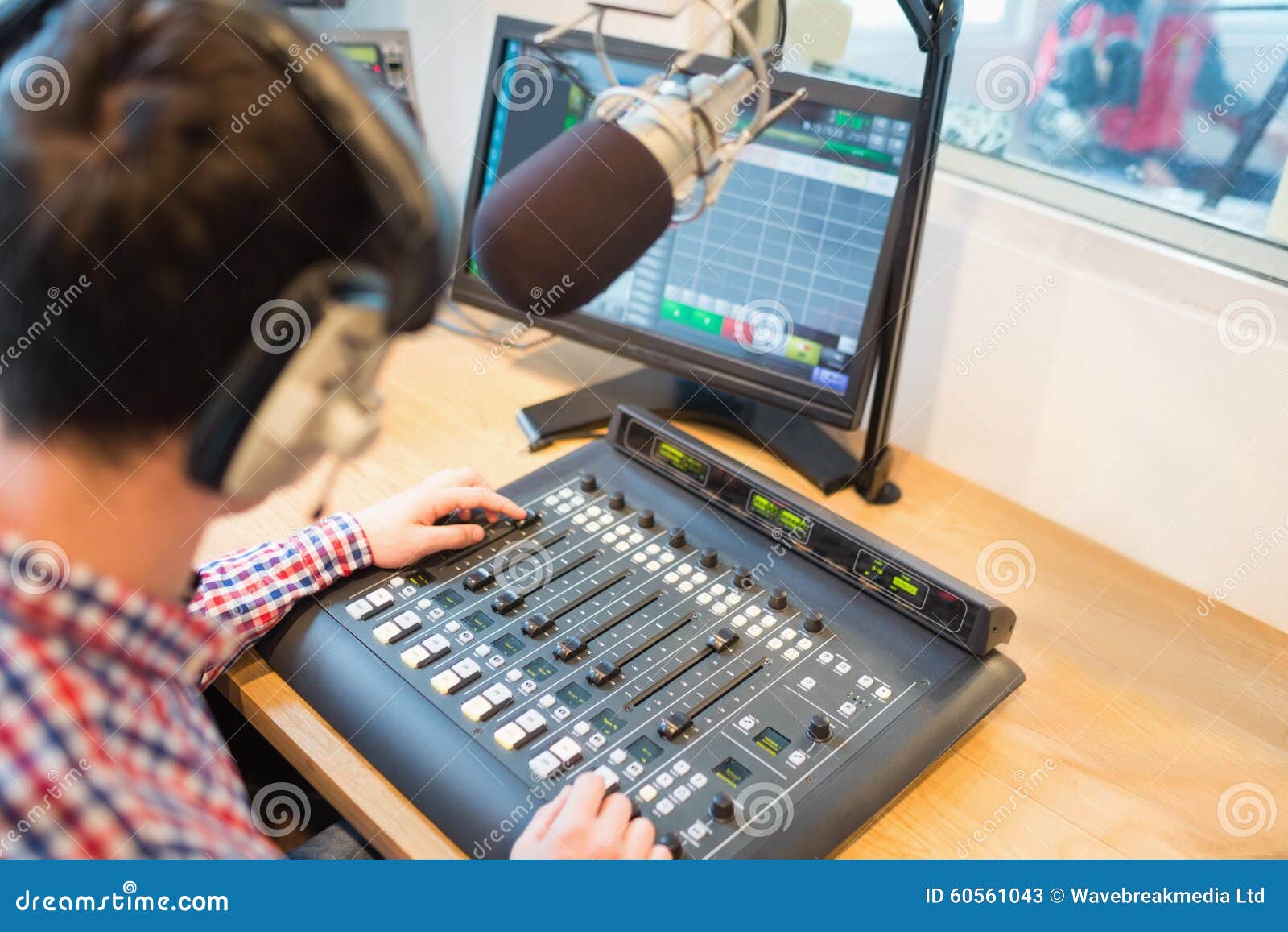 High Angle View of Radio Host Operating Sound Mixer Stock Image - Image ...
