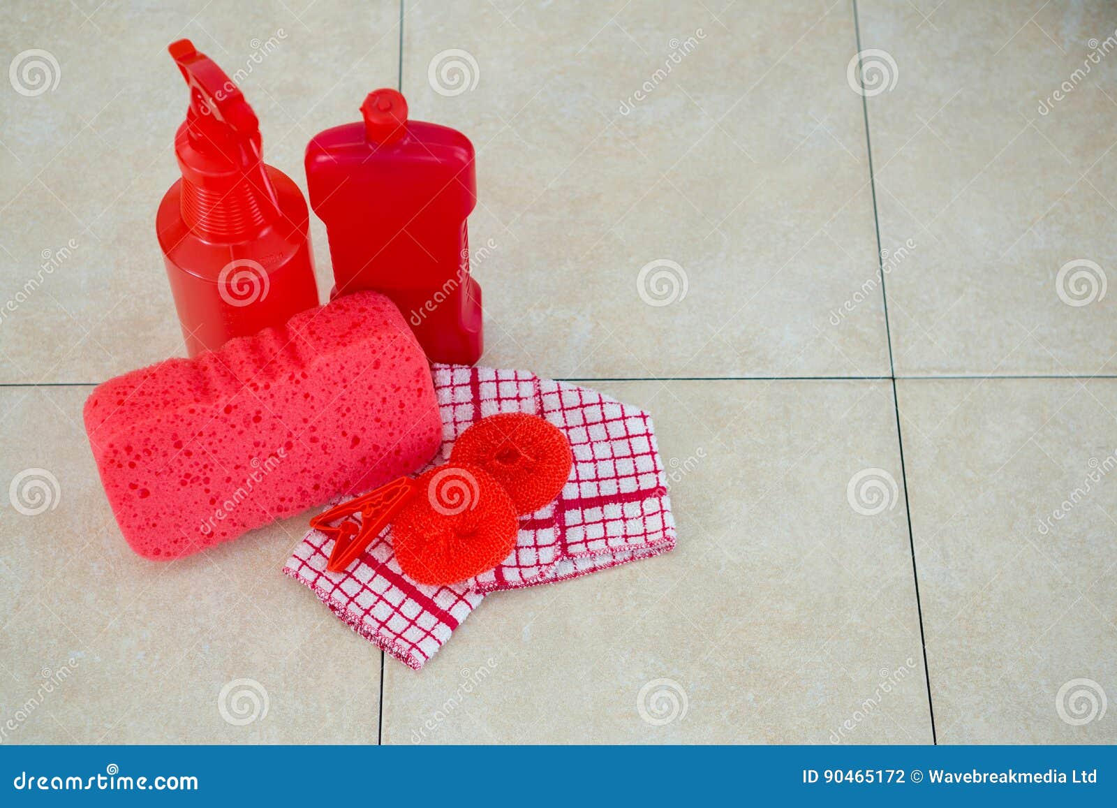 High Angle View of Red Cleaning Products with Napkin Stock Photo ...