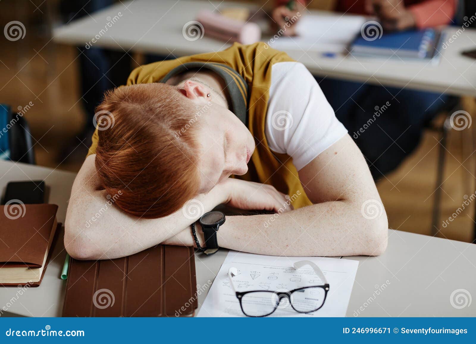 Student Sleeping on Desk in Class Stock Image - Image of stress ...