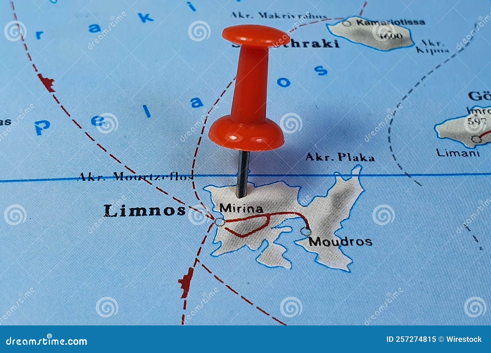 High-angle View of a Red Pin Marking the Location of Limnos Island on ...