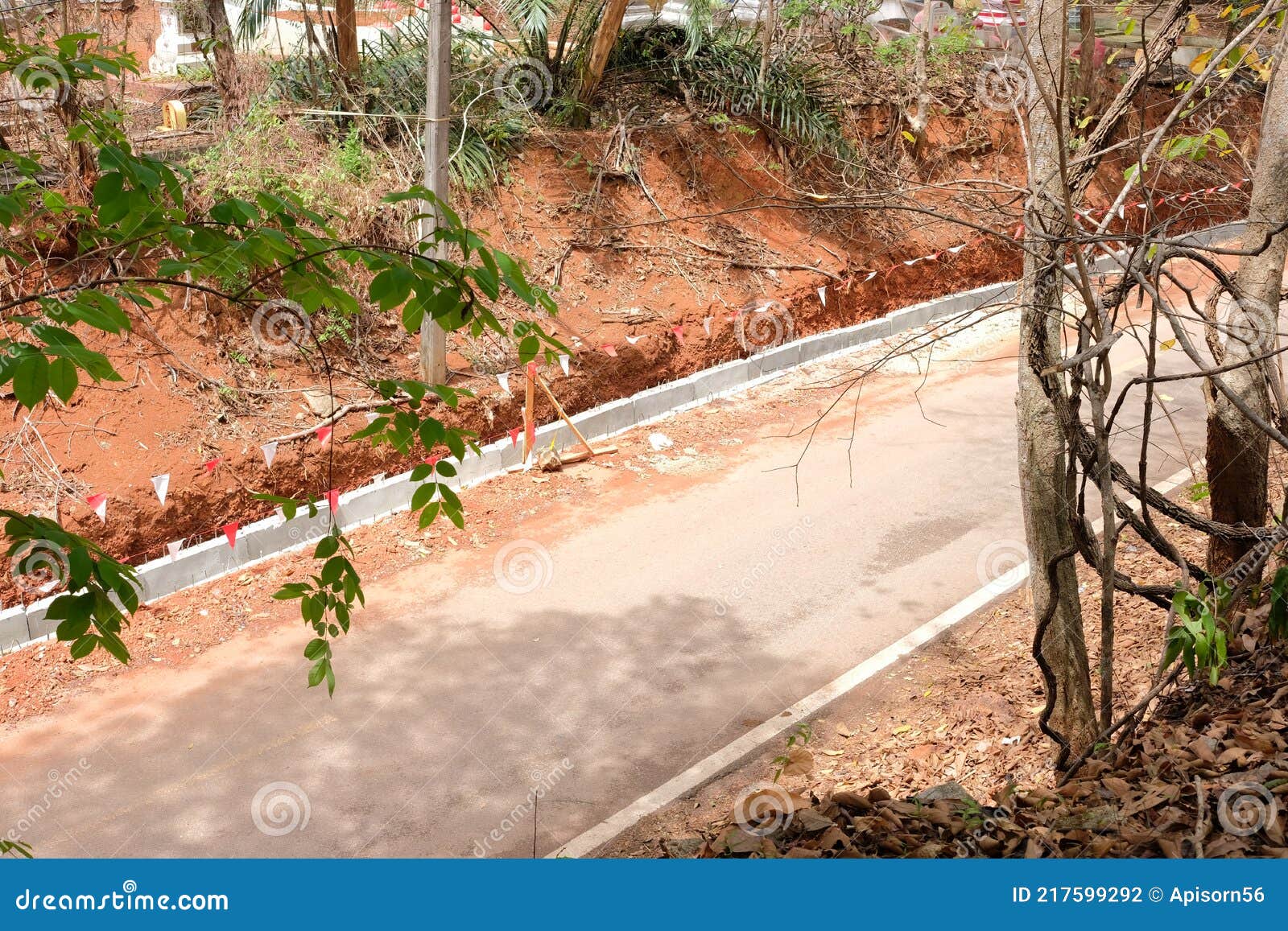 High Angle View Road and Waterway on Roadside Under Construction with ...