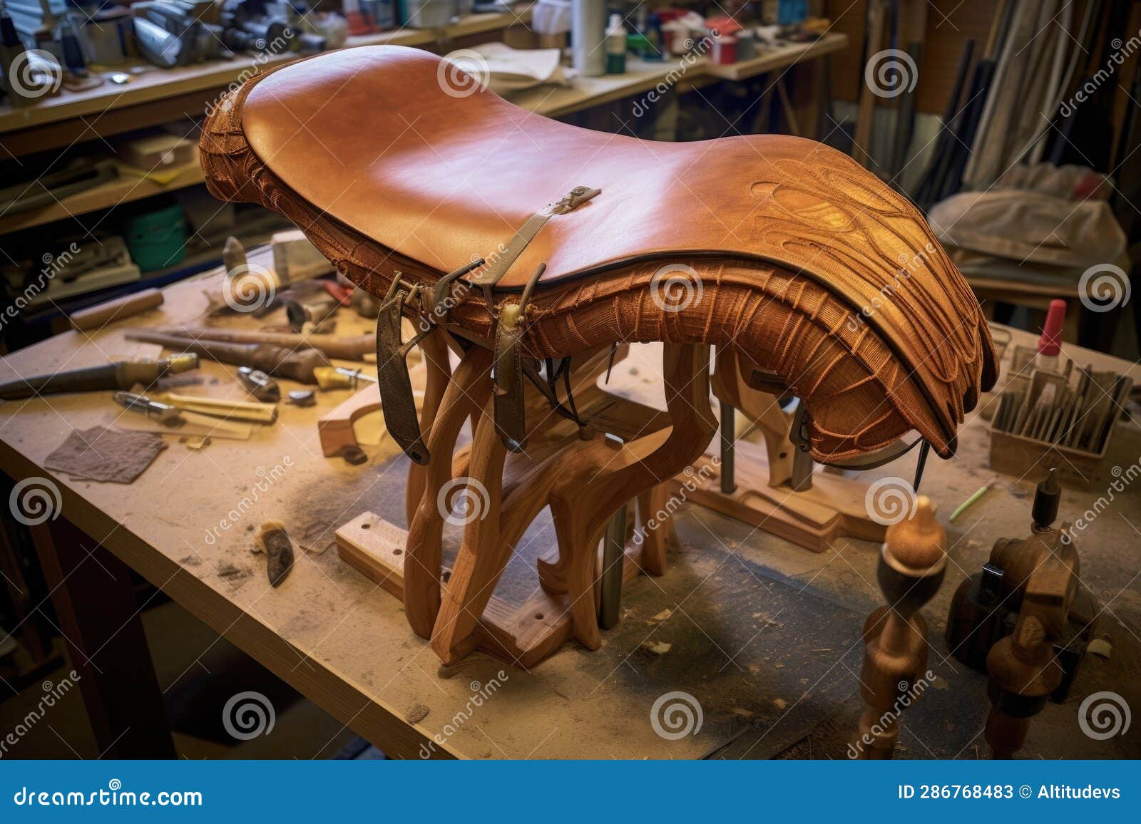 High Angle View of a Saddle in Progress on Workbench Stock Illustration - Illustration of high ...