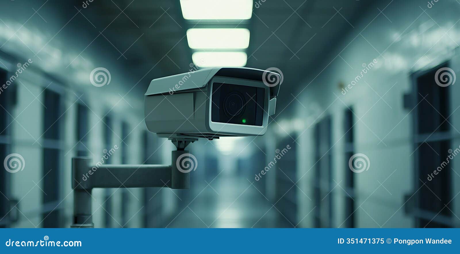 High Angle View of Security Camera Inside Jail Corridor with Dim ...