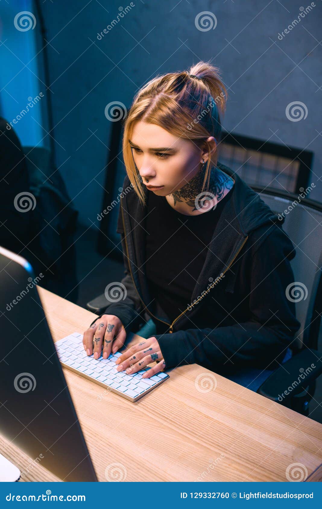 High Angle View of Serious Young Female Hacker Stock Photo - Image of ...