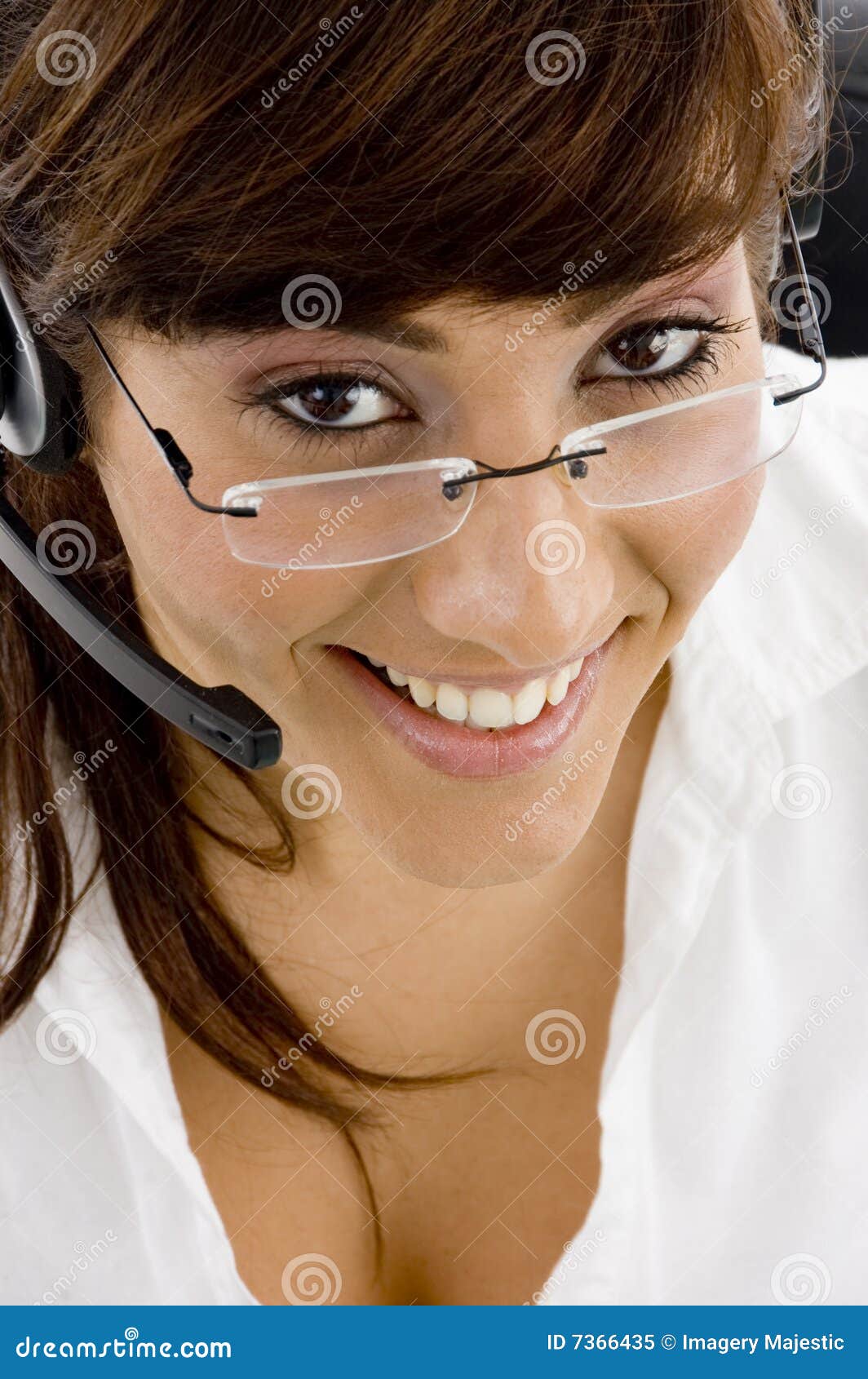 High Angle View of Smiling Female with Headset Stock Image - Image of ...