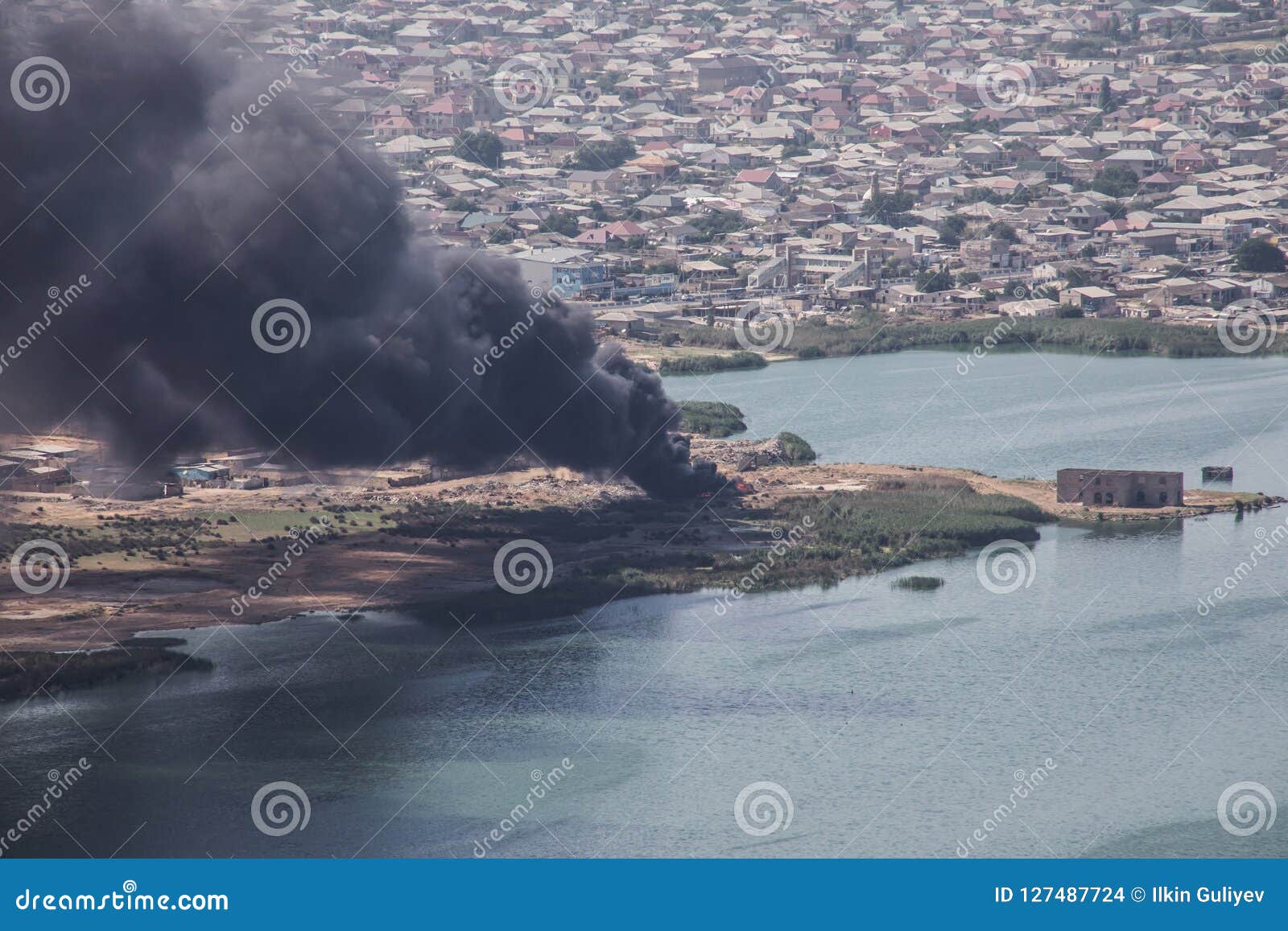 High Angle View of Smoke Spreading from Building. Arson of Industrial ...