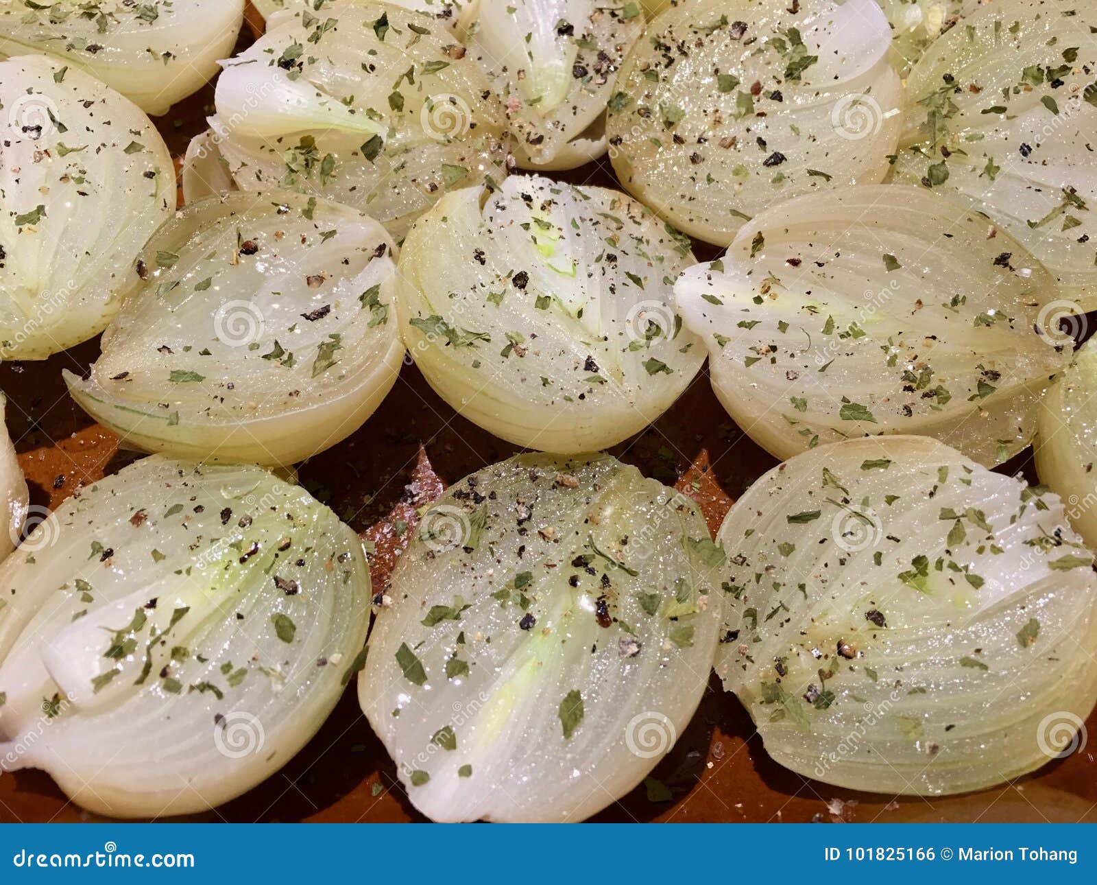 High Angle View of Steamed Onions in a Baking Dish Stock Photo - Image ...