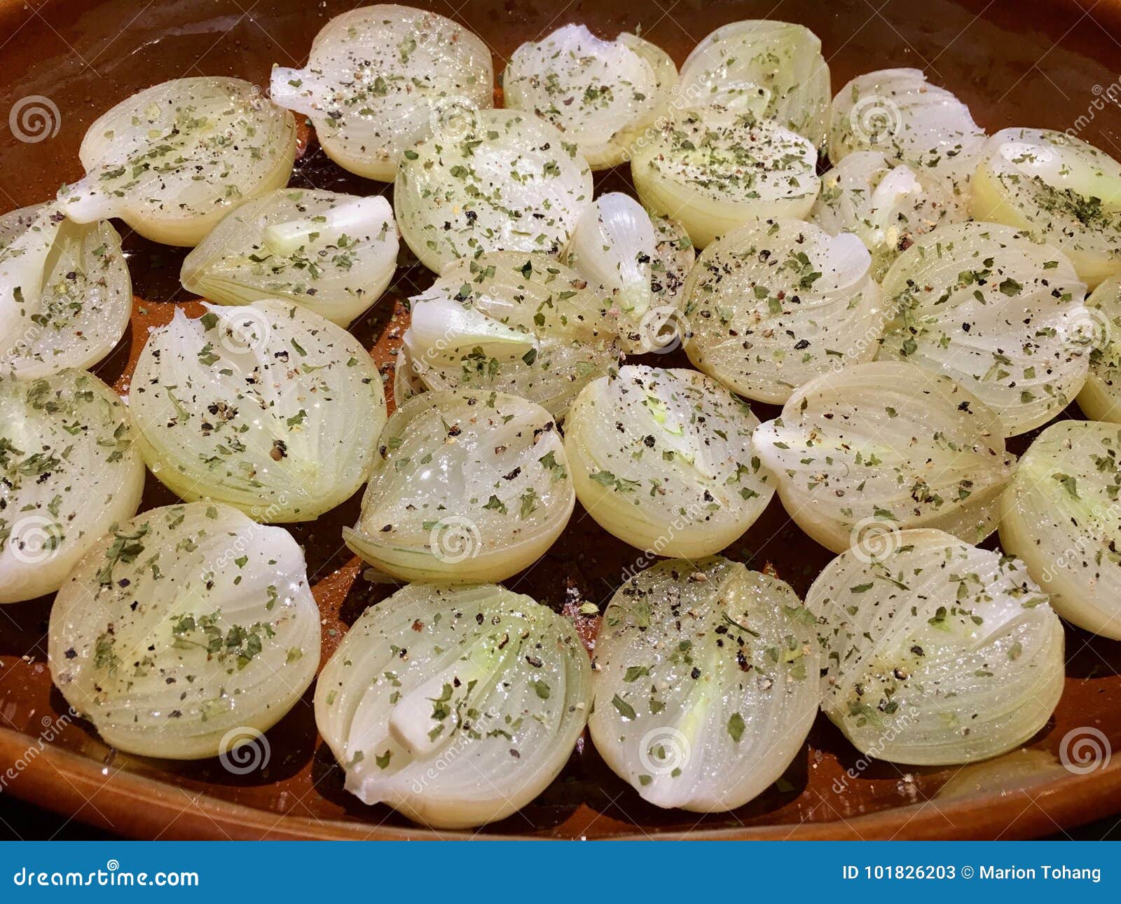High Angle View of Steamed Onions in a Baking Dish Stock Image - Image ...