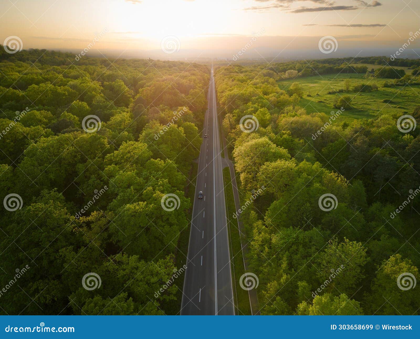 High Angle View of a Straight Road Going through the Forest at Sunset ...