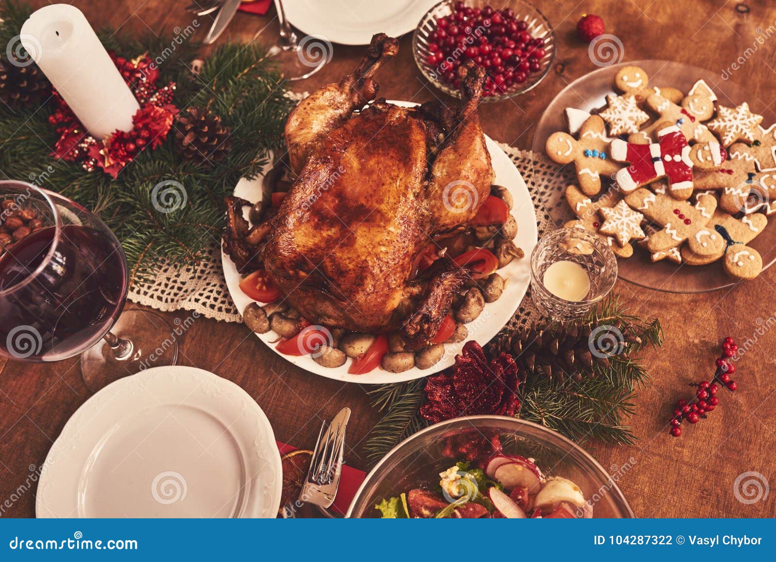 High Angle View of Table Served for Christmas Family Dinner. Tab Stock ...