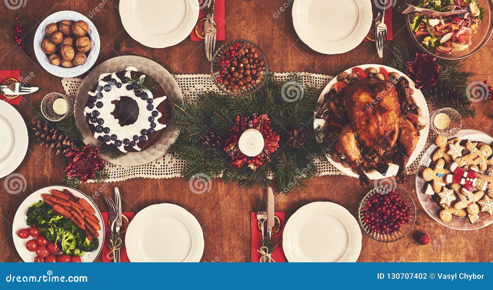 High Angle View of Table Served for Christmas Family Dinner. Tab Stock ...