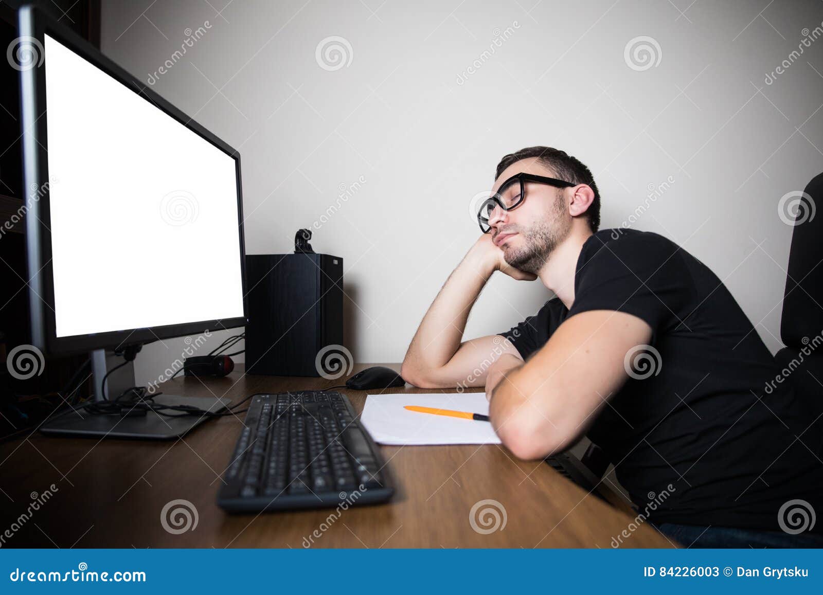 High Angle View of Tired Hacker Sleeping Near Computer Stock Image ...