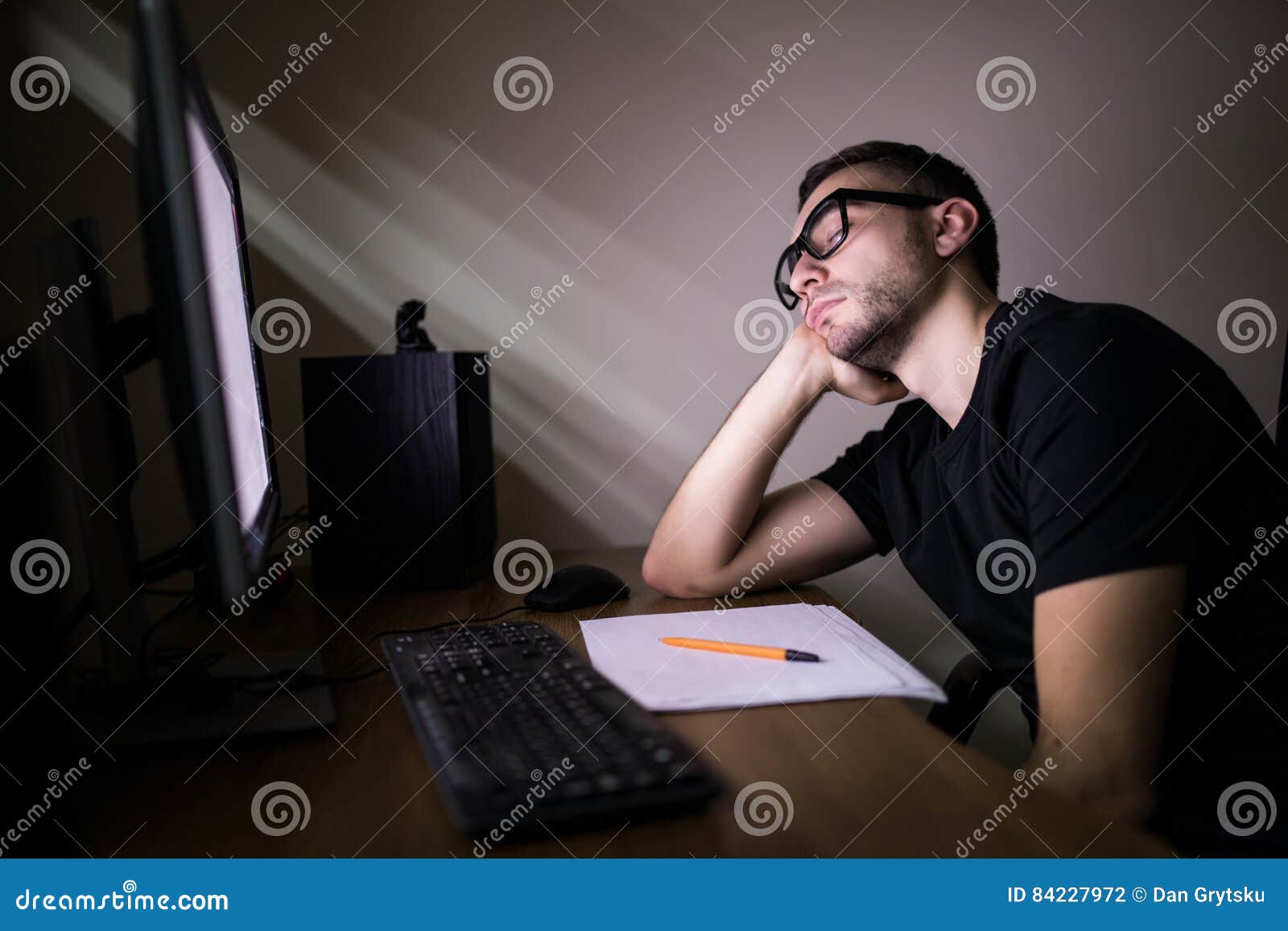 High Angle View of Tired Hacker Sleeping Near Computer Stock Photo ...