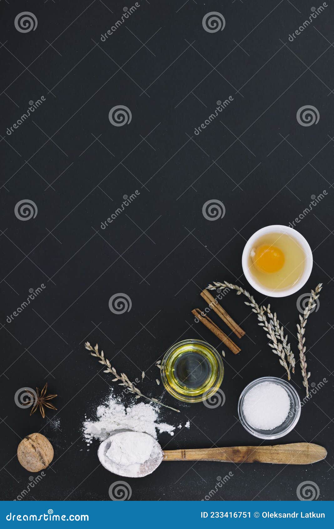 High Angle View Various Baking Ingredients Black Background. High ...