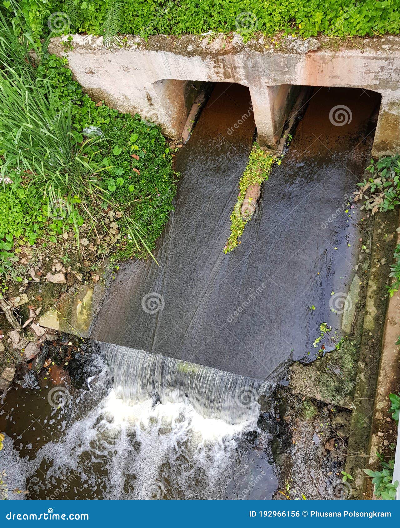 High Angle View of Waste Water Flows from Ditch into River Stock Photo ...