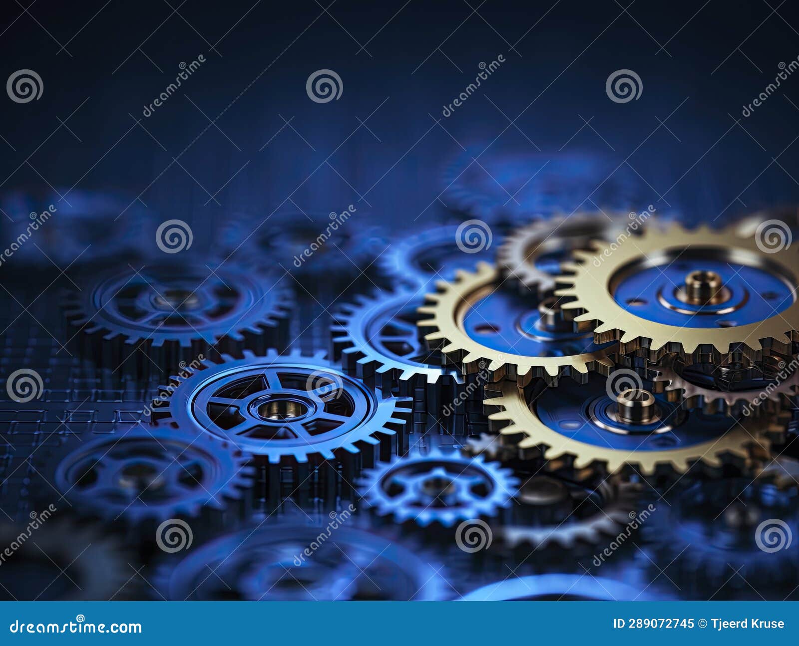 High Angle Wheel Group of Cog Gear Wheels Against Blue Background Stock ...