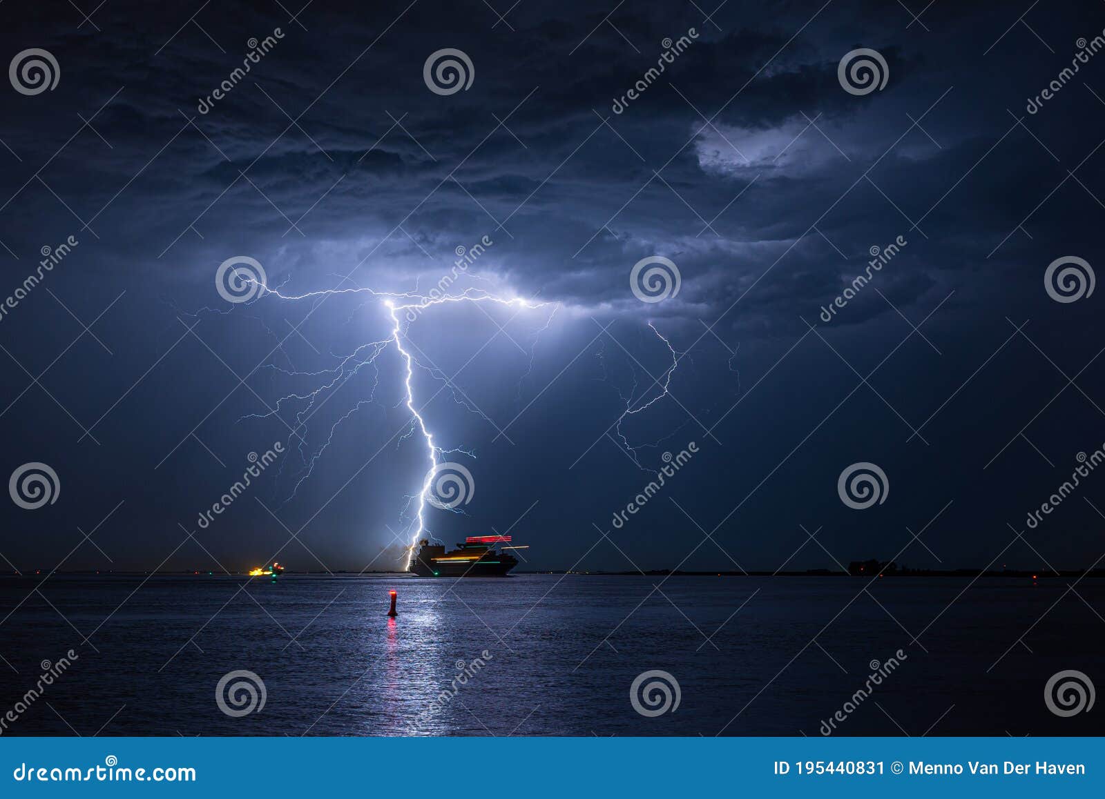 Ship Sails Across a River during a Severe Lightning Storm Stock Image ...