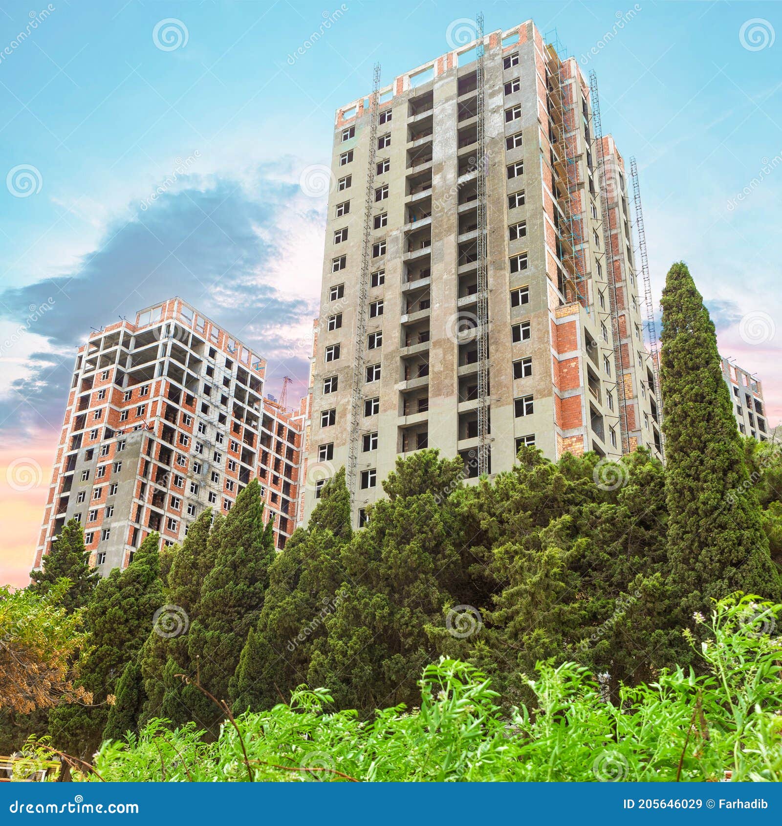 High Buildings with Scaffold and Green Trees at the Construction Site ...
