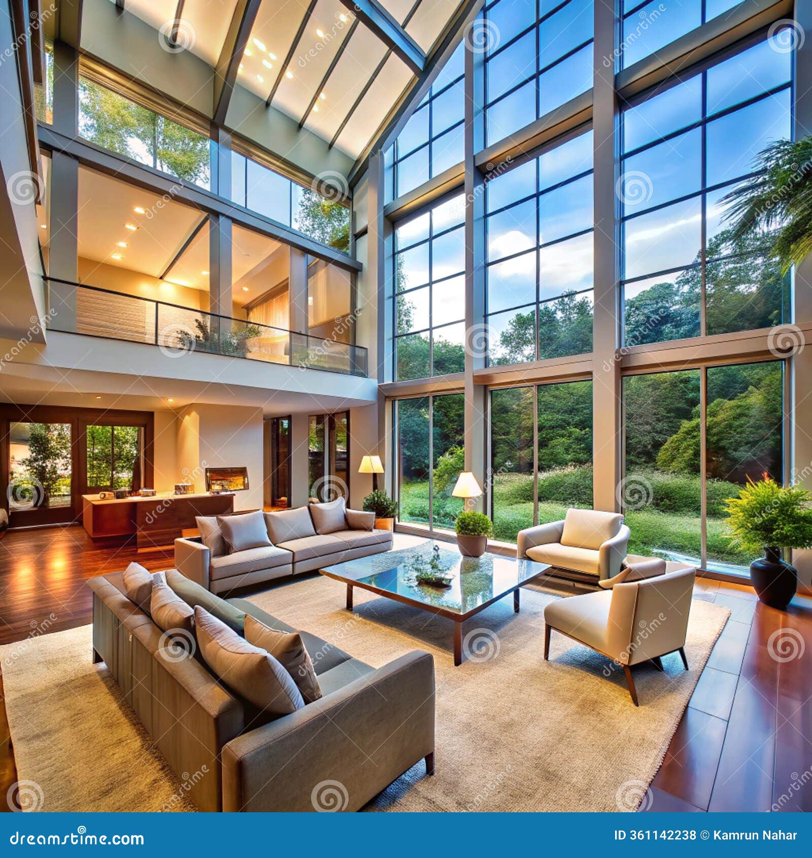 High Ceiling Glass Wall Living Room Stock Illustration - Illustration ...