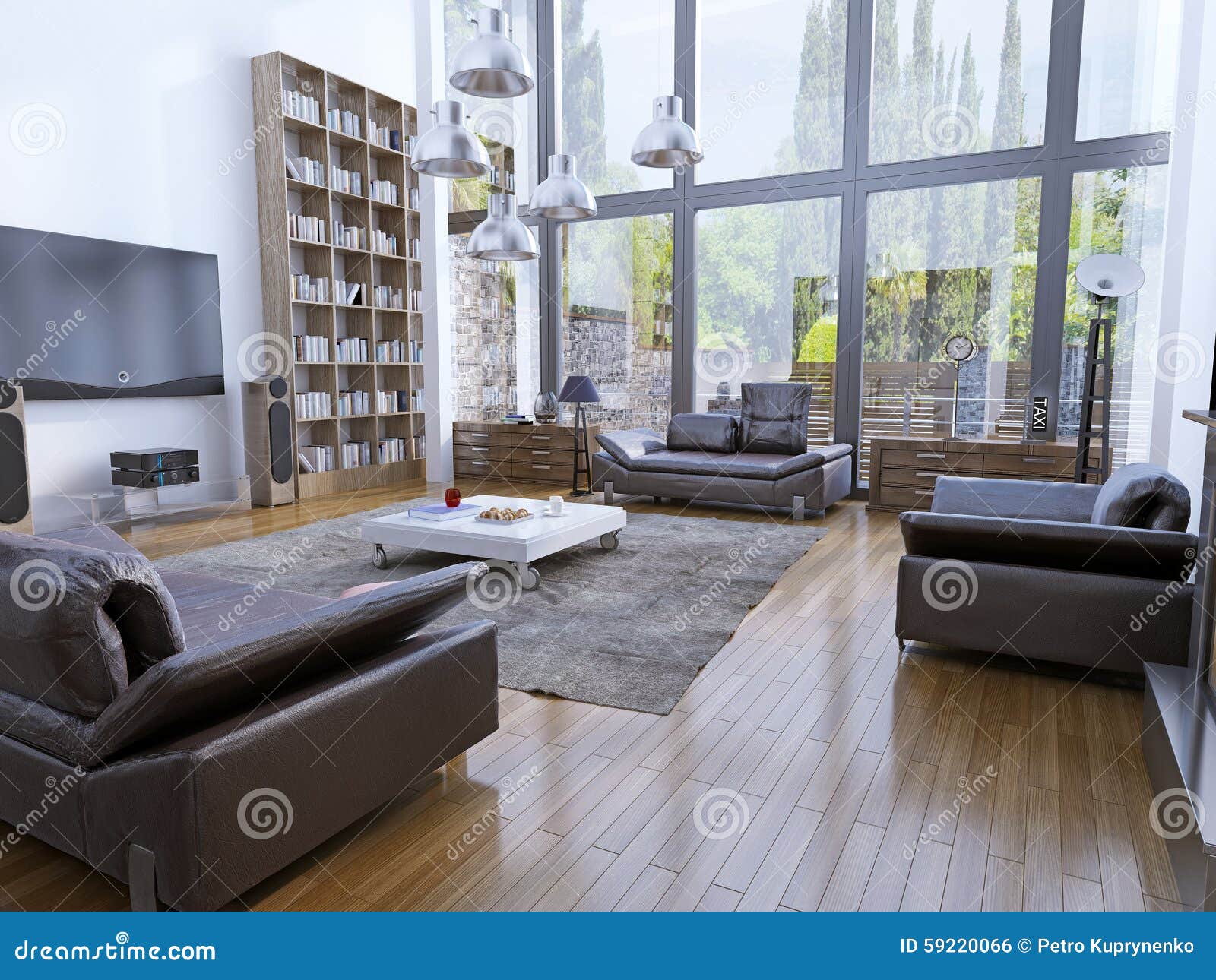 High Ceiling Living Room with Panoramic Windows Stock Photo - Image of ...