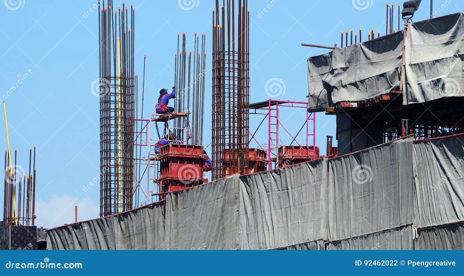 High Construction Site and Labors Working. Stock Photo - Image of ...