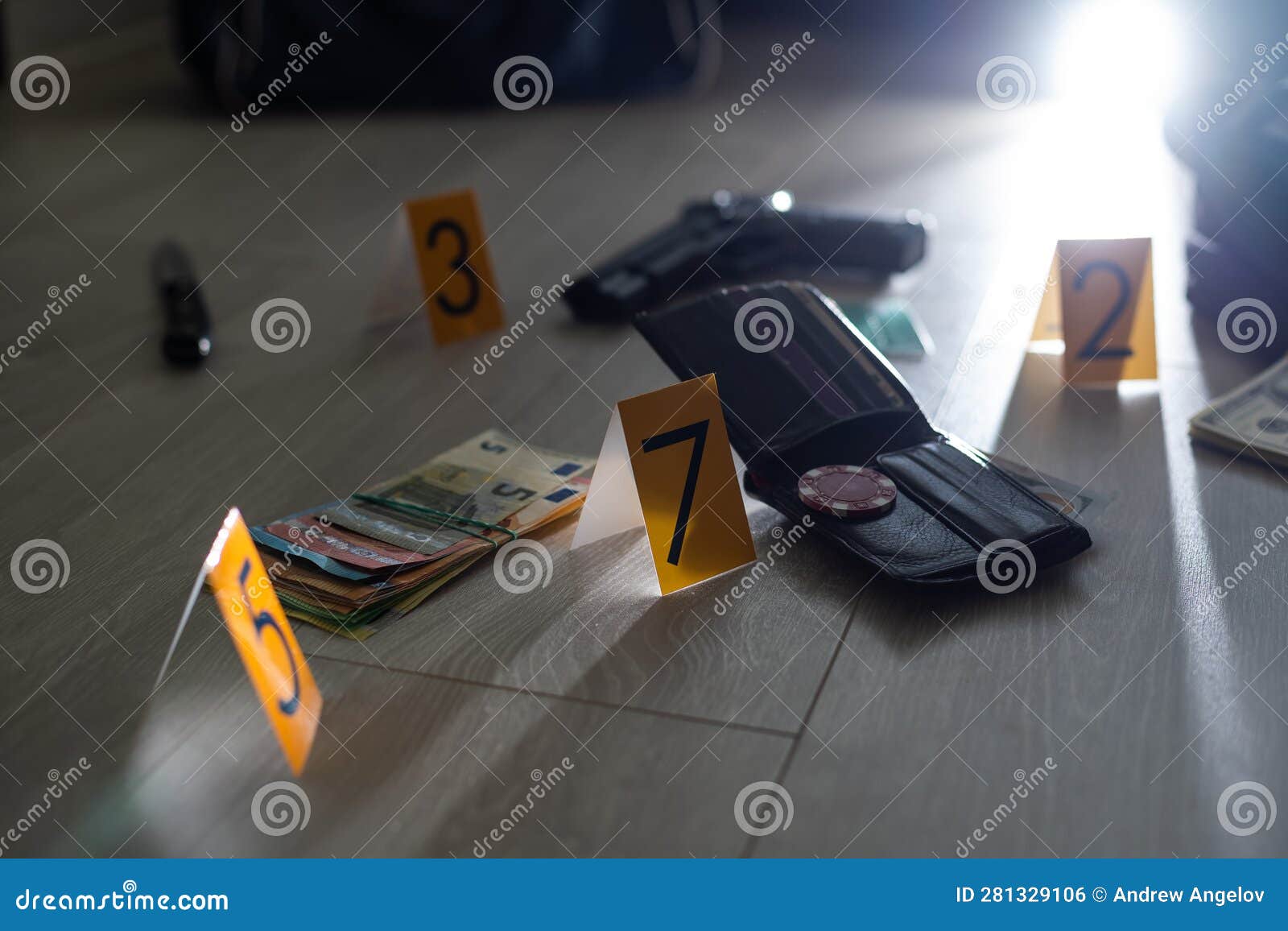 High Contrast Image of a Crime Scene with Evidence Markers Stock Photo ...