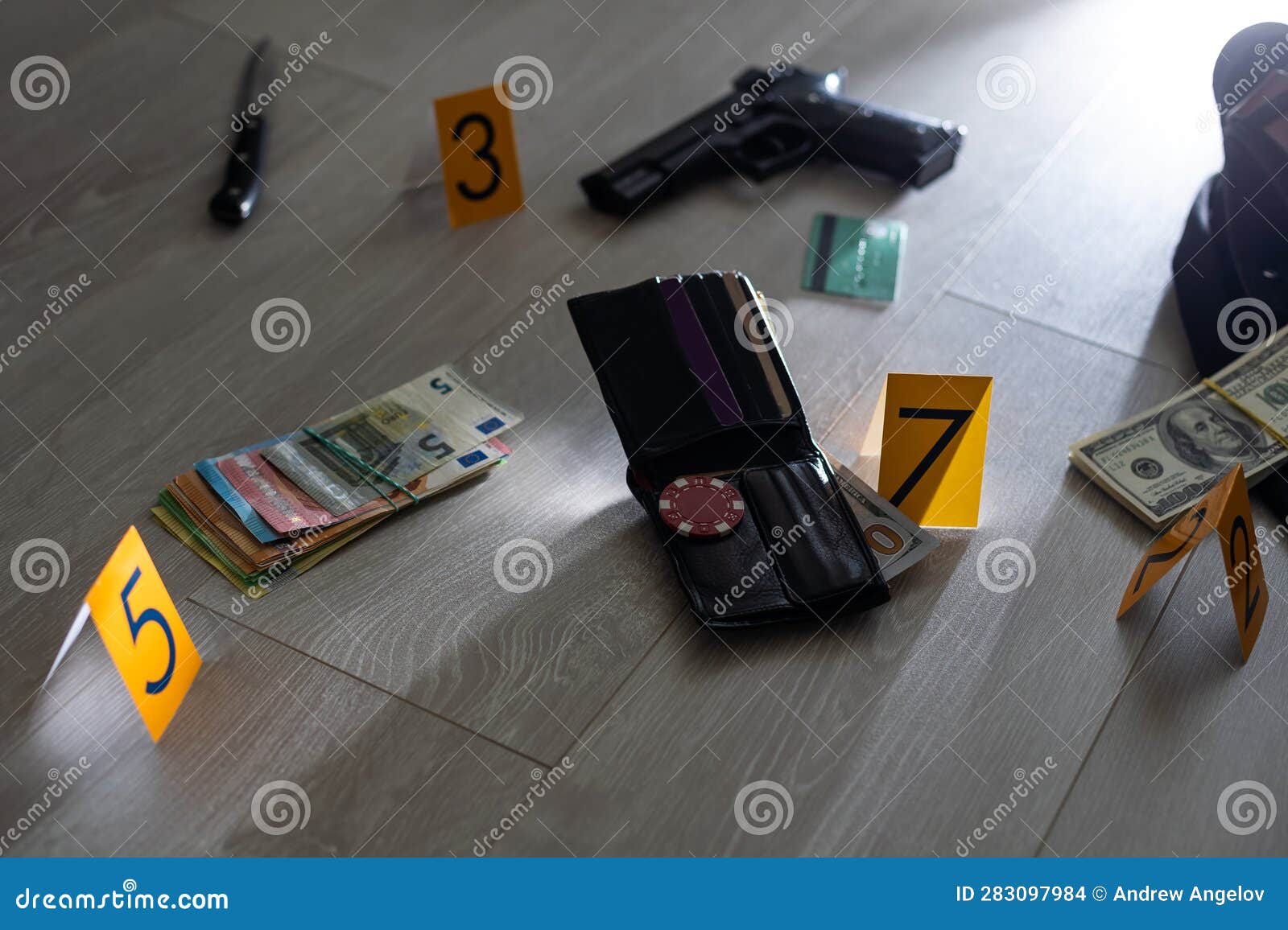 High Contrast Image of a Crime Scene with Evidence Markers Stock Photo ...