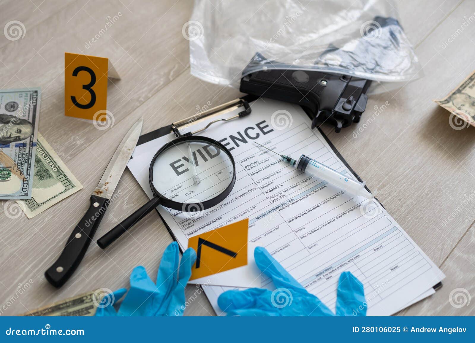 High Contrast Image of a Crime Scene with Gun and Markers on the Floor ...