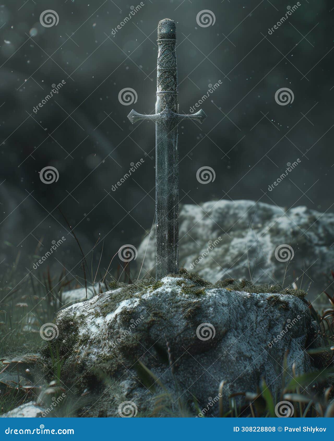 High Contrast Image of Excalibur, Sword in the Stone with Light Rays ...
