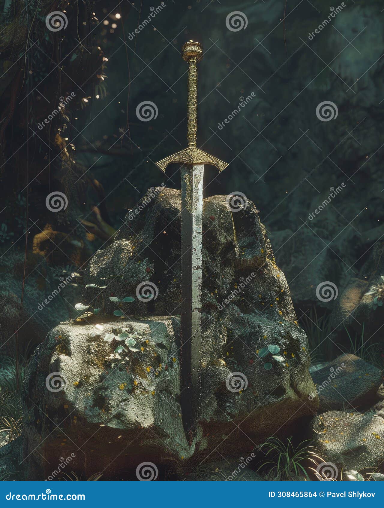High Contrast Image of Excalibur, Sword in the Stone with Light Rays ...