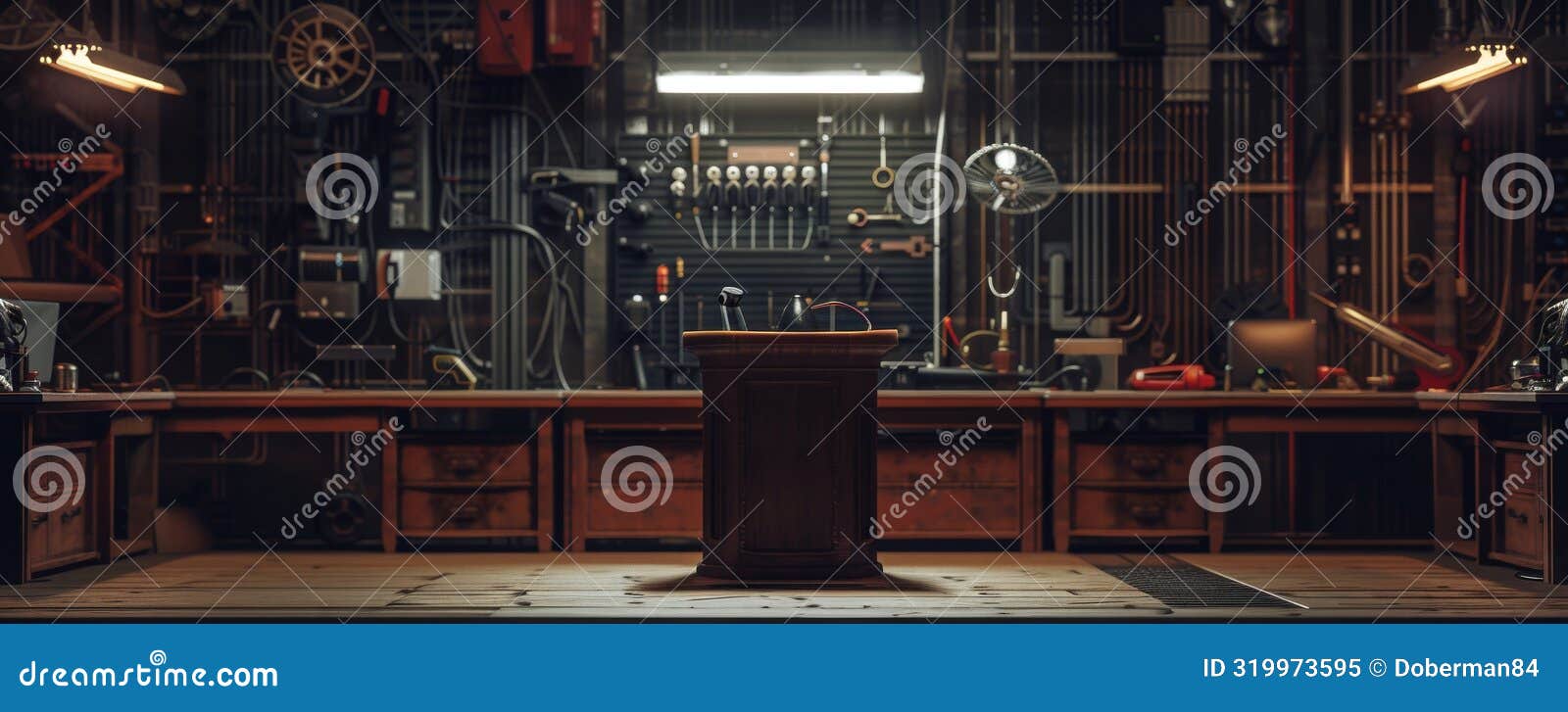 High-contrast Workshop Scene with Central Podium and Various Tools in ...